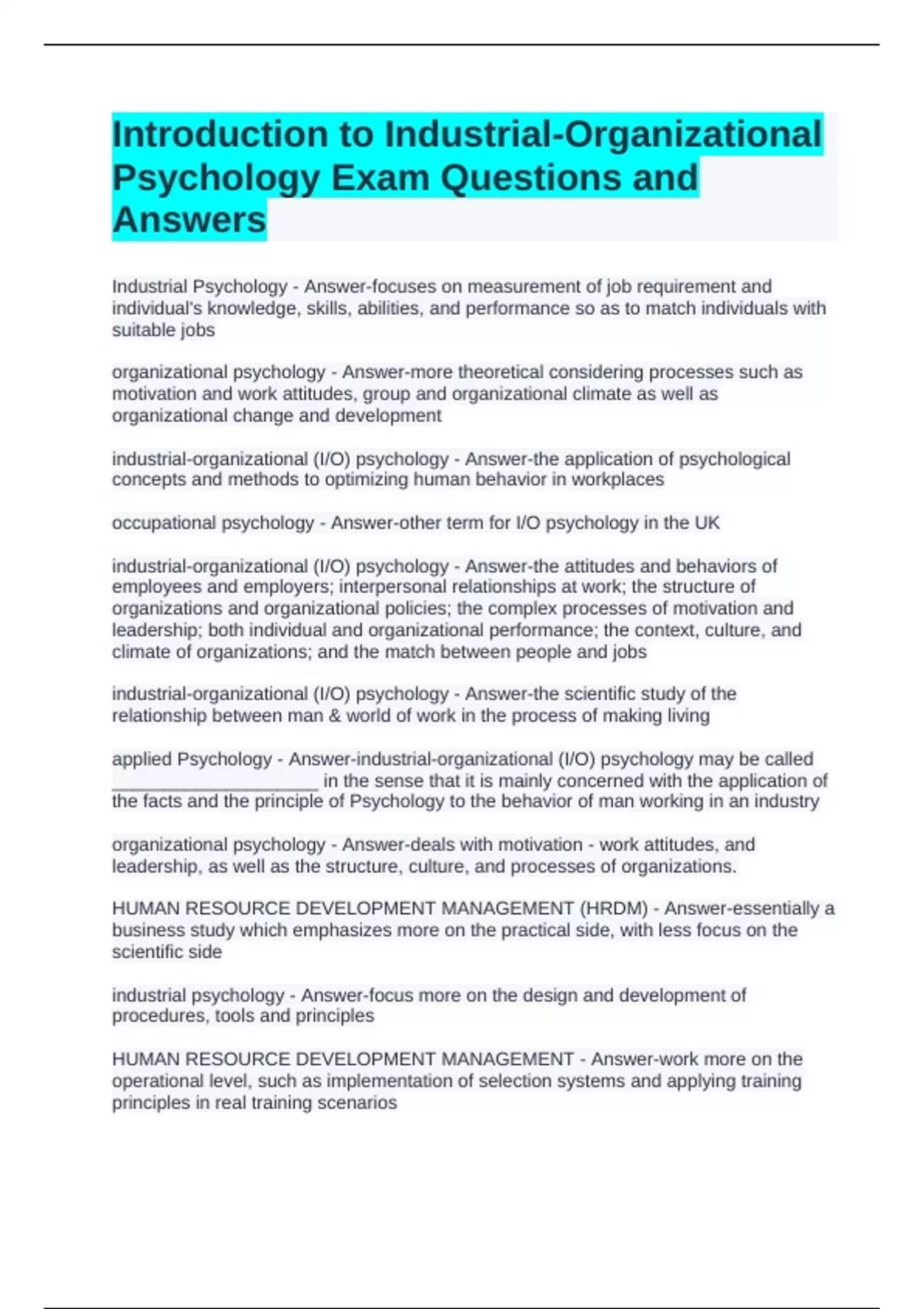 Introduction to Industrial-Organizational Psychology Exam Questions and ...