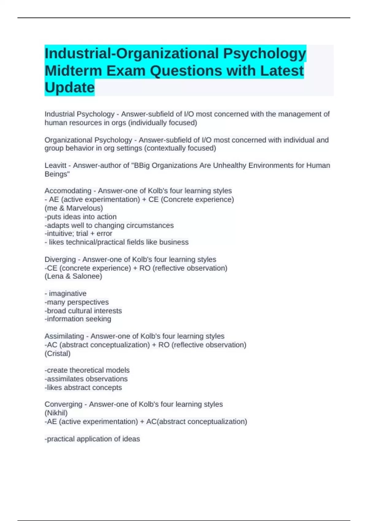 Industrial-Organizational Psychology Midterm Exam Questions with Latest ...