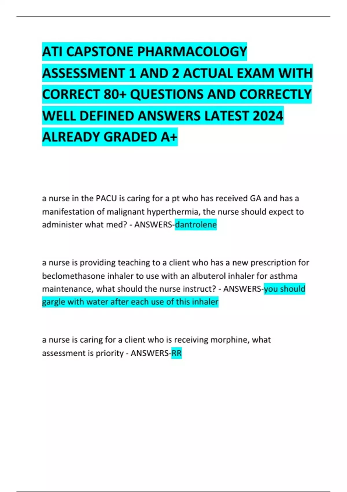ATI CAPSTONE PHARMACOLOGY ASSESSMENT 1 AND 2 ACTUAL EXAM WITH CORRECT ...