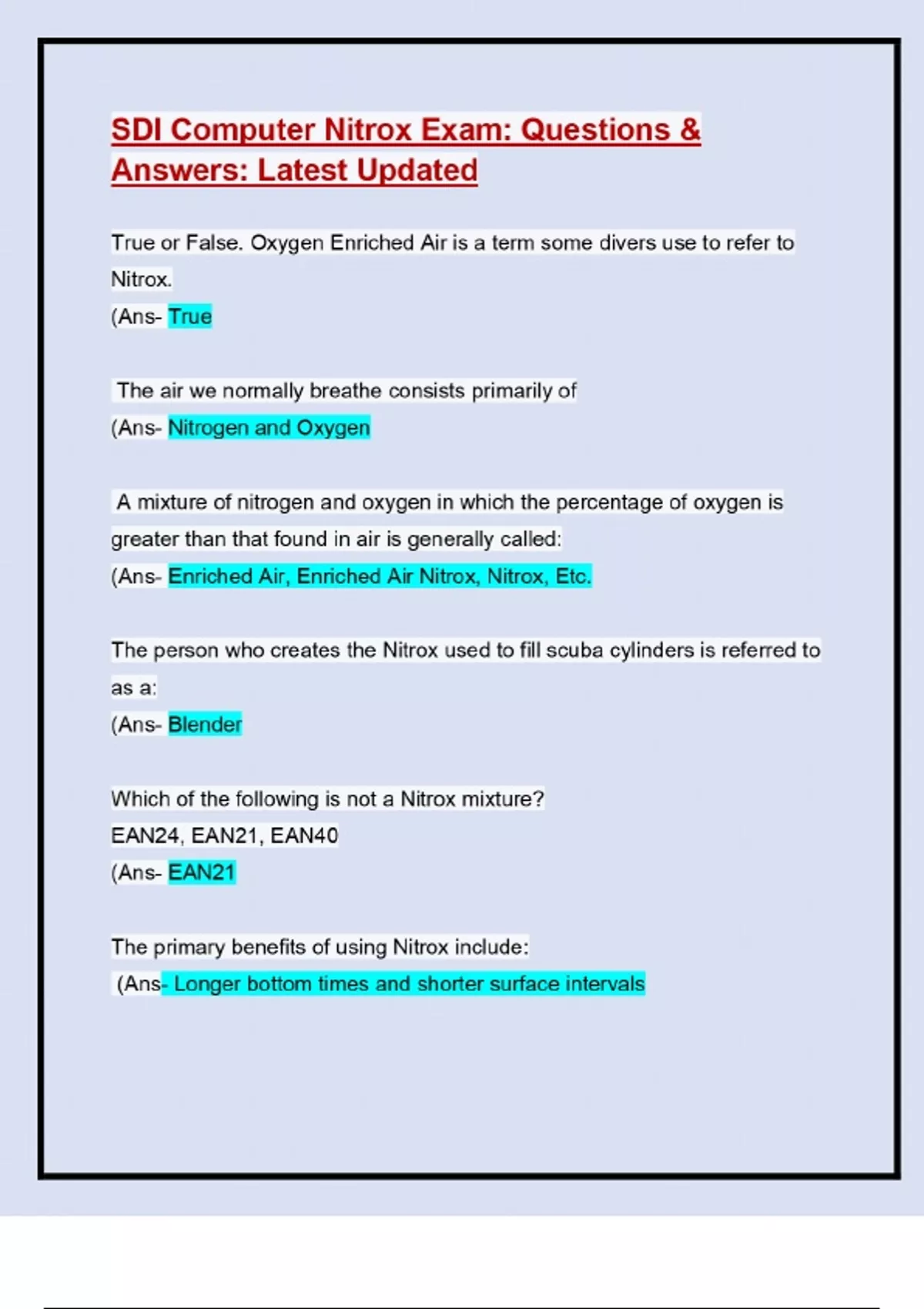 SDI Scuba Exam:SDI: SDI Scuba Certification Exam Study Guide:SDI Computer Nitrox Exam:SDI Scuba ...