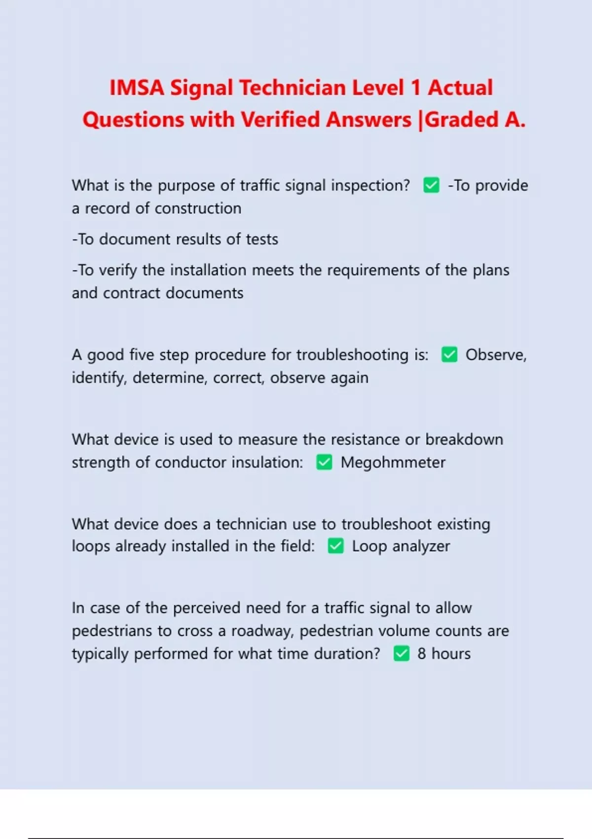 IMSA Signal Technician Level 1 Actual Questions with Verified Answers ...