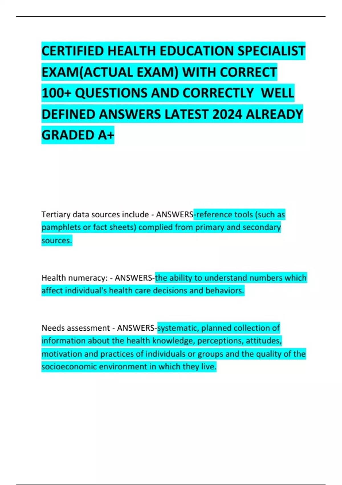 CERTIFIED HEALTH EDUCATION SPECIALIST EXAM(ACTUAL EXAM) WITH CORRECT ...