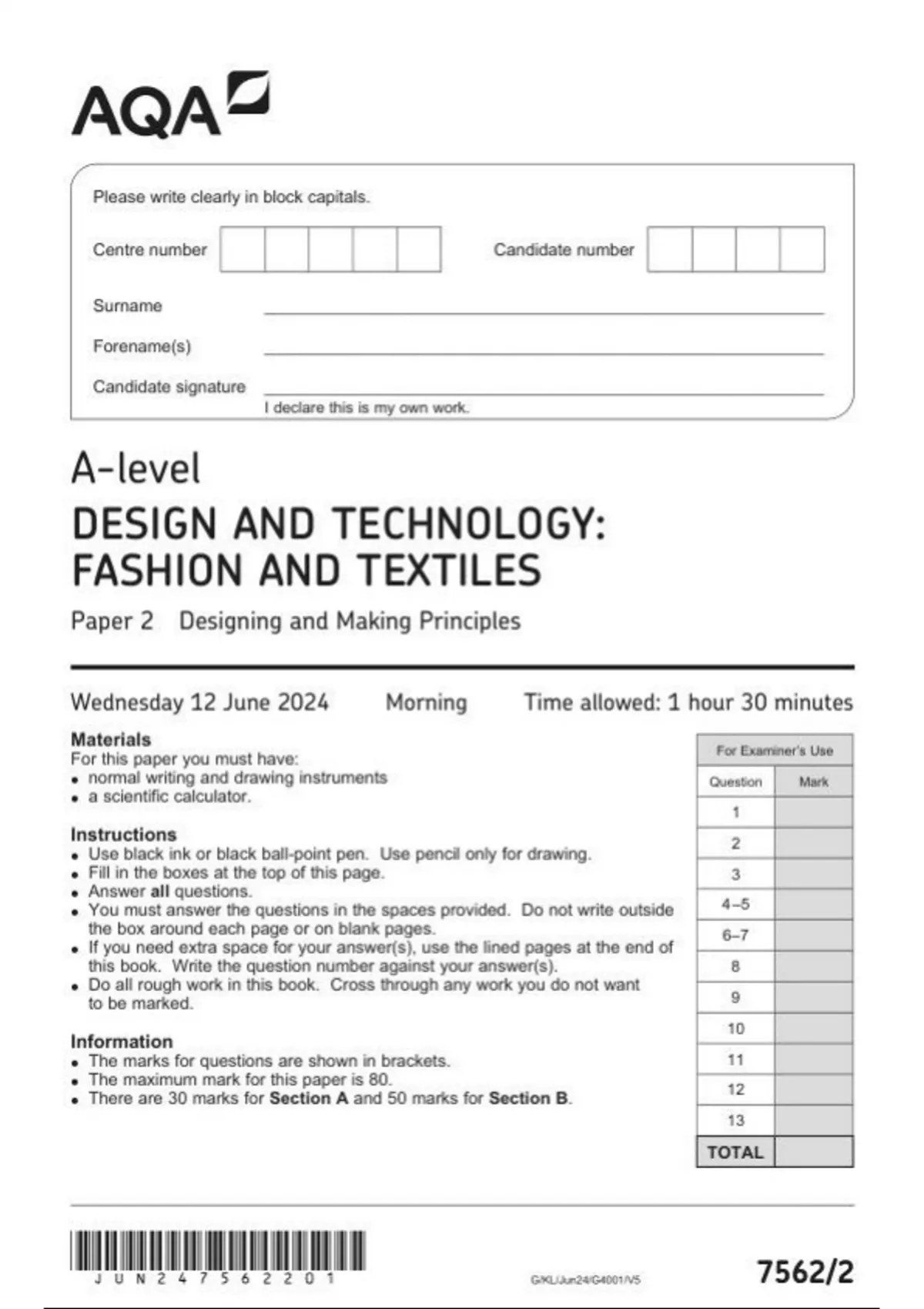 AQA A LEVEL Design &Technology: FASHION & TEXTILES Paper 1 and 2 June ...