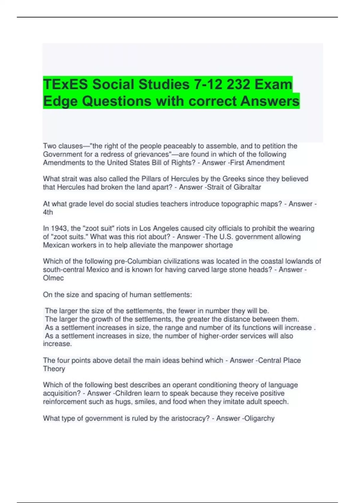 TExES Social Studies 7-12 232 Exam Edge Questions with correct Answers ...