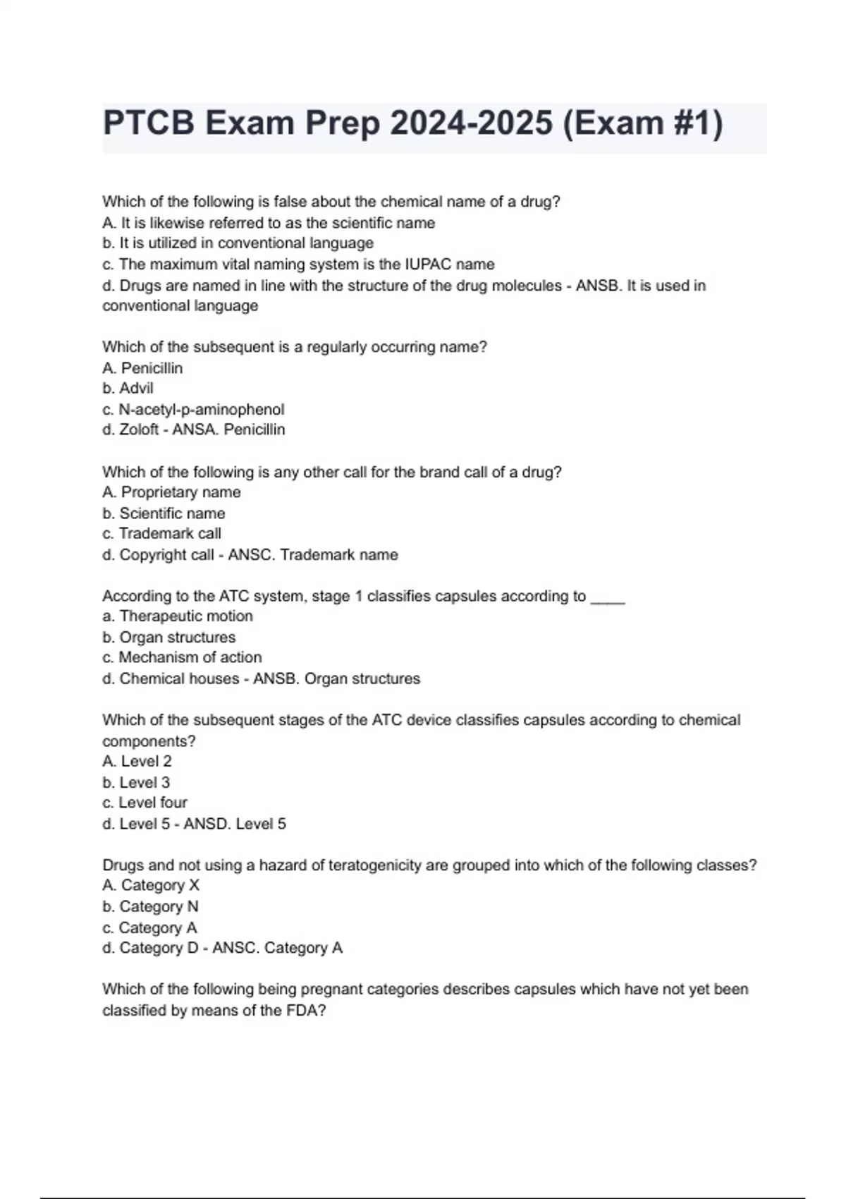 PTCB Exam Prep (Exam #1) QUESTIONS AND ANSWERS RATED A+ 2024/2025 ...