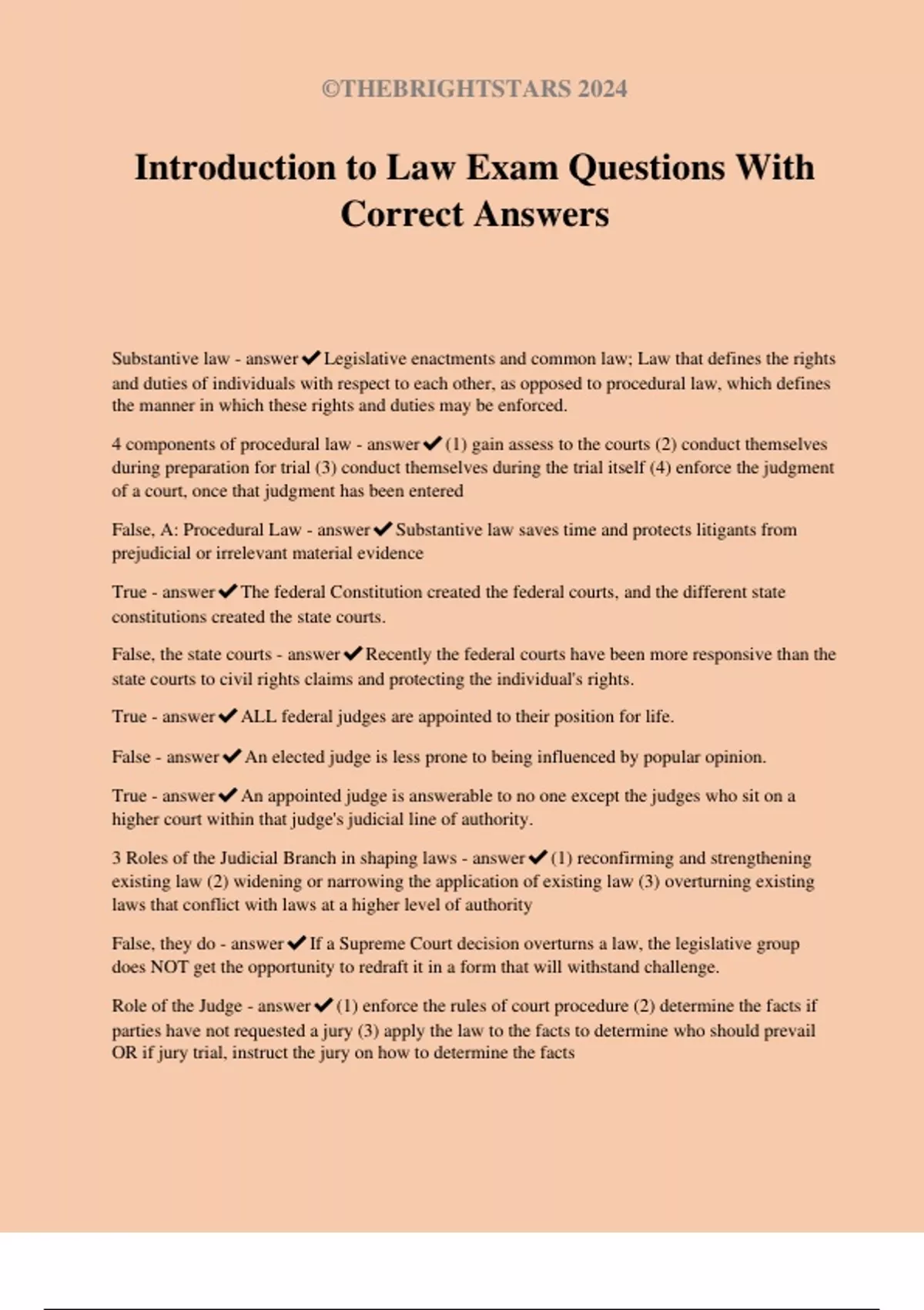 Introduction to Law Exam Questions With Correct Answers - Law - Stuvia US