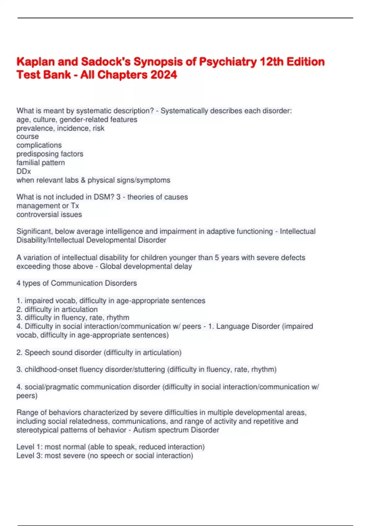 Kaplan and Sadock's Synopsis of Psychiatry 12th Edition Test Bank - All ...