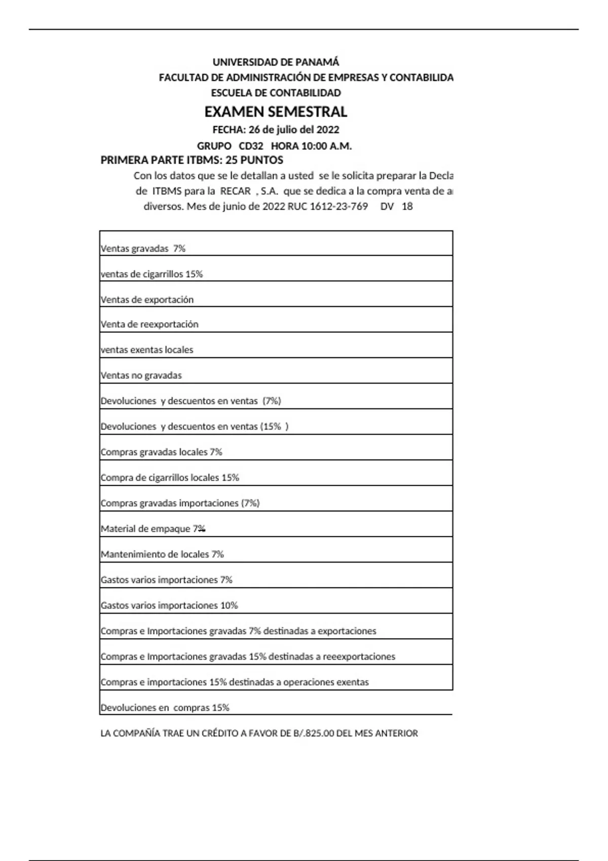 Examen Semestral - Formulario 430 ITBMS - Contabilidad Tributaria ...