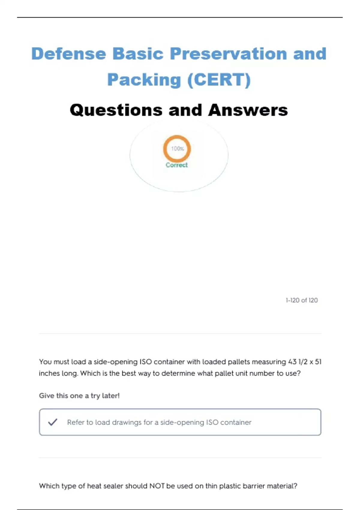 DEFENSE BASIC PRESERVATION AND PACKING (CERT) QUESTIONS AND ANSWERS - Defense Basic Preservation ...