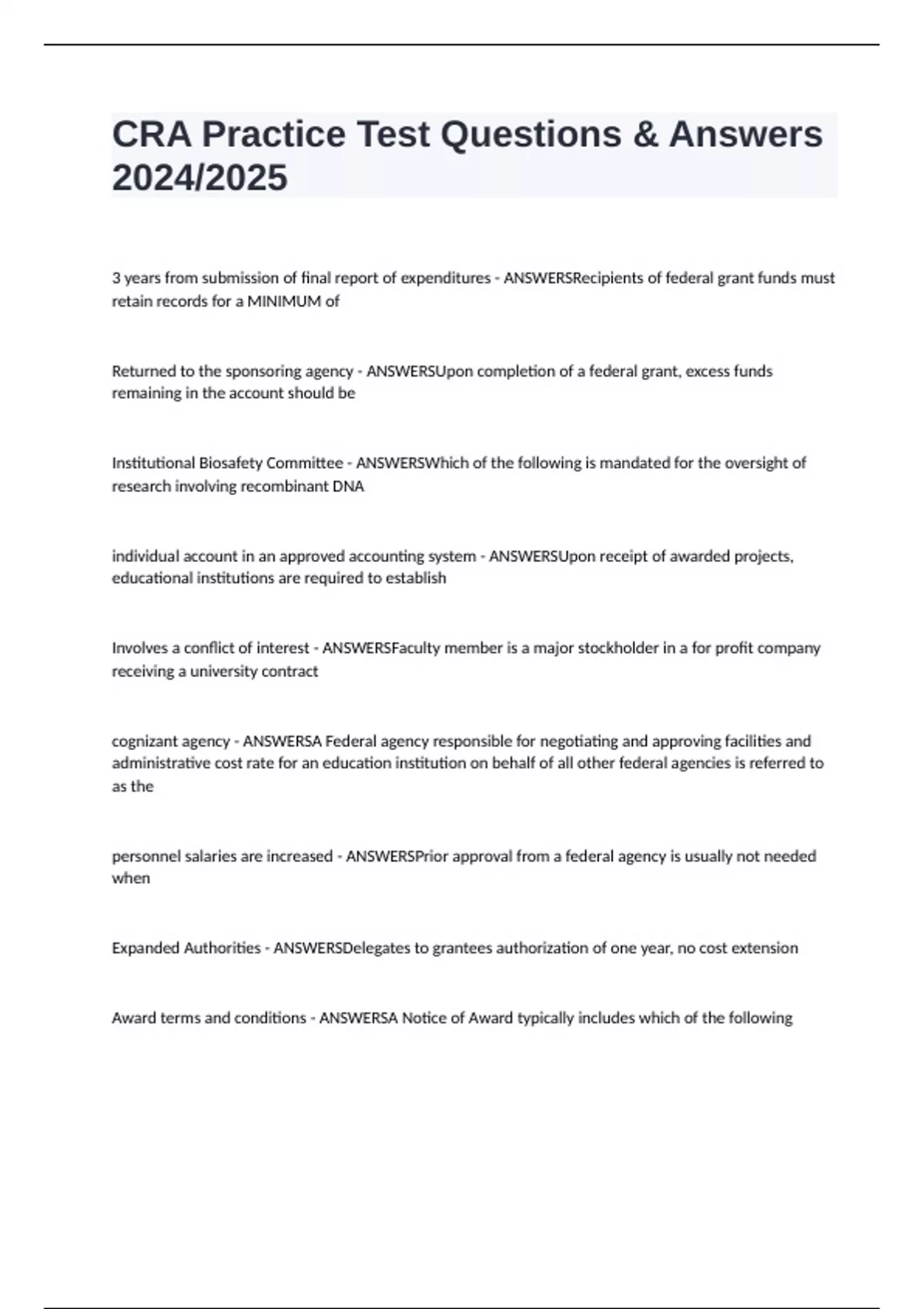 CRA Practice Test Questions & Answers 2024/2025 - CRA Practice - Stuvia US