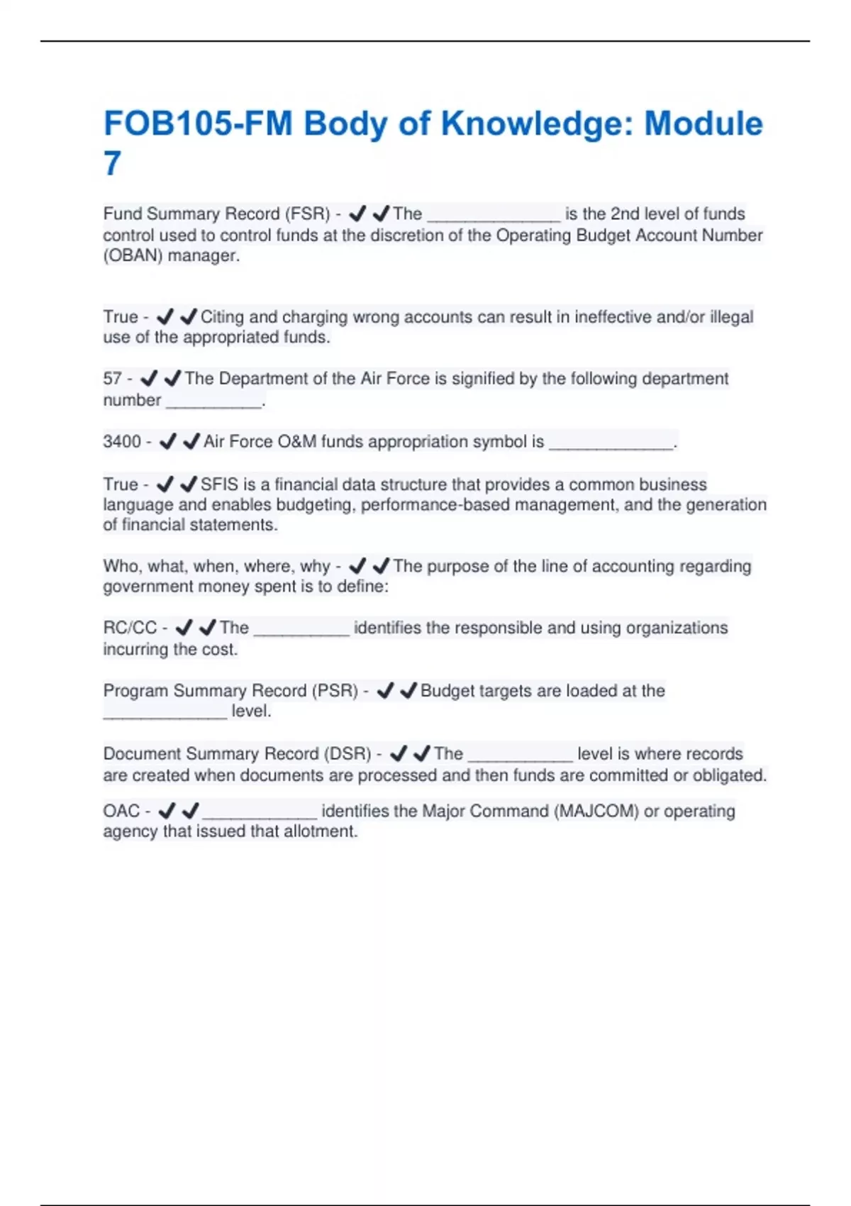 FOB105-FM Body of Knowledge: Module 7 Questions And Answers Graded A+ ...