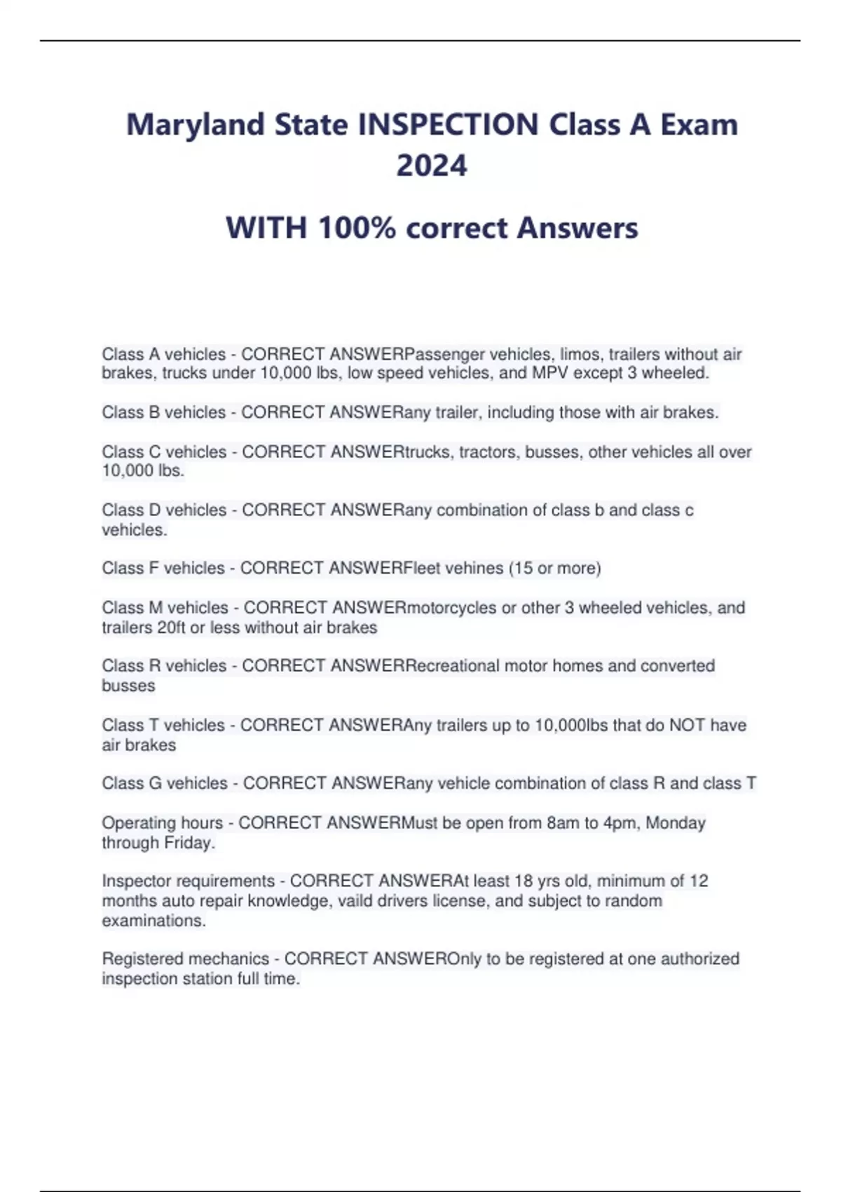 Maryland State INSPECTION Class A Exam 2024 WITH 100% correct Answers ...