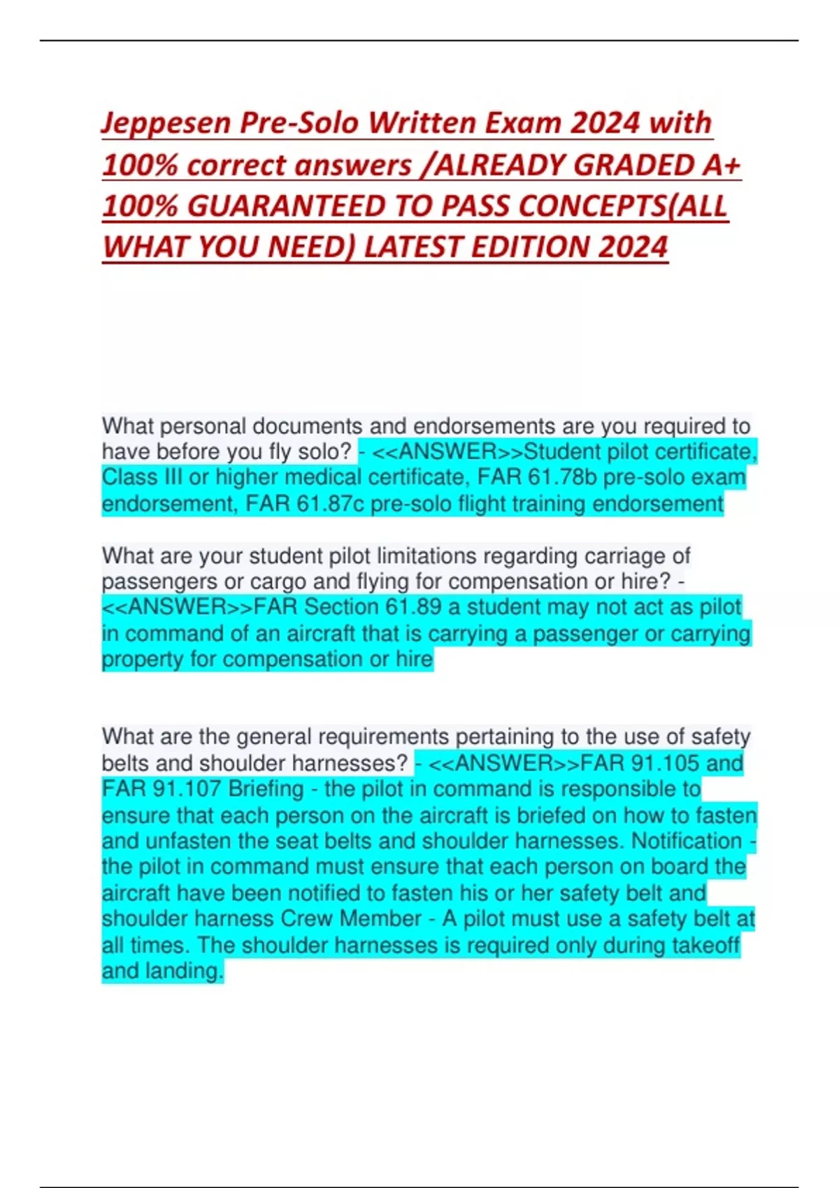 Jeppesen Pre-Solo Written Exam 2024 with 100% correct answers /ALREADY ...