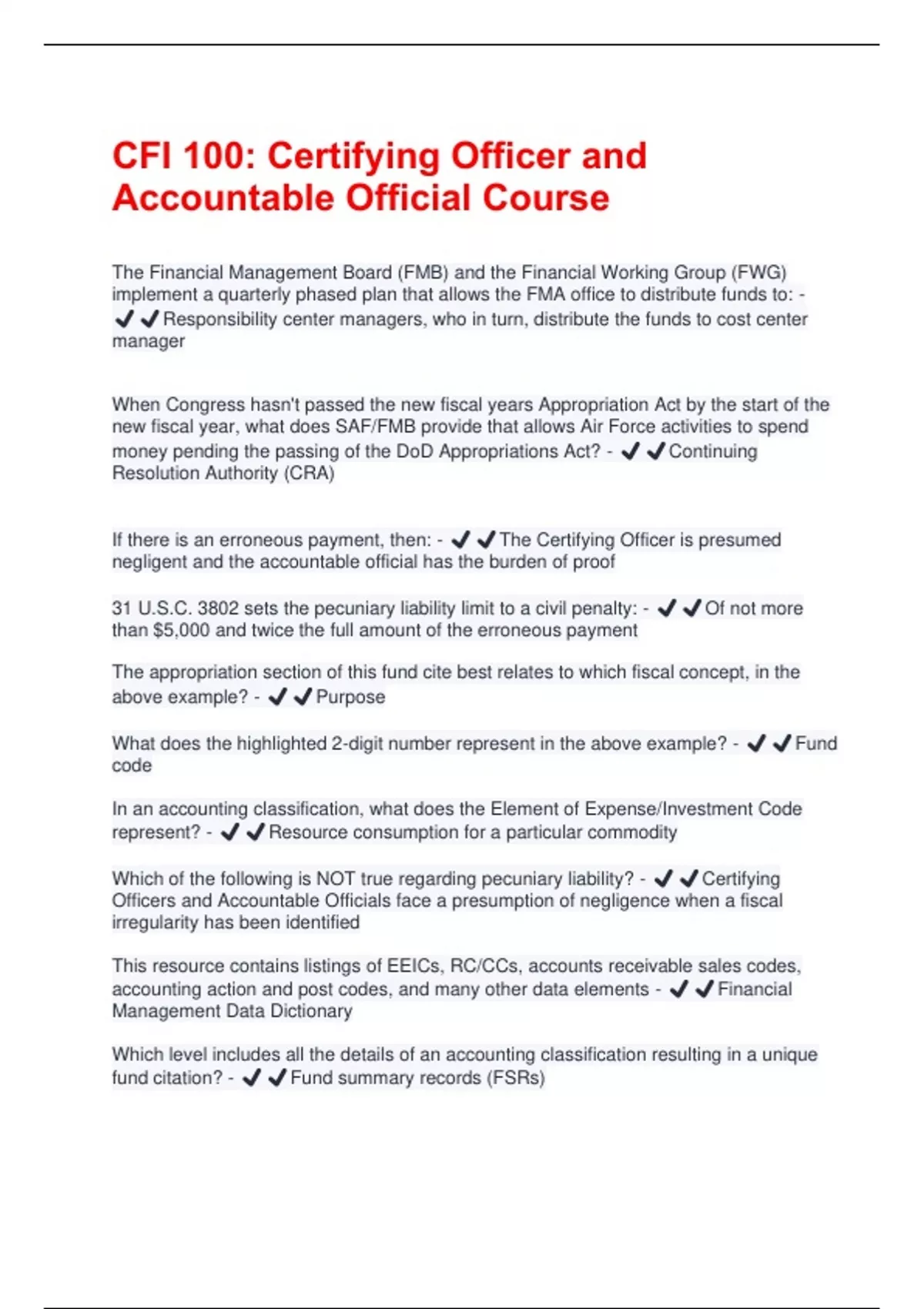 CFI 100: Certifying Officer and Accountable Official Course Updated 2024/2025 Verified 100% ...