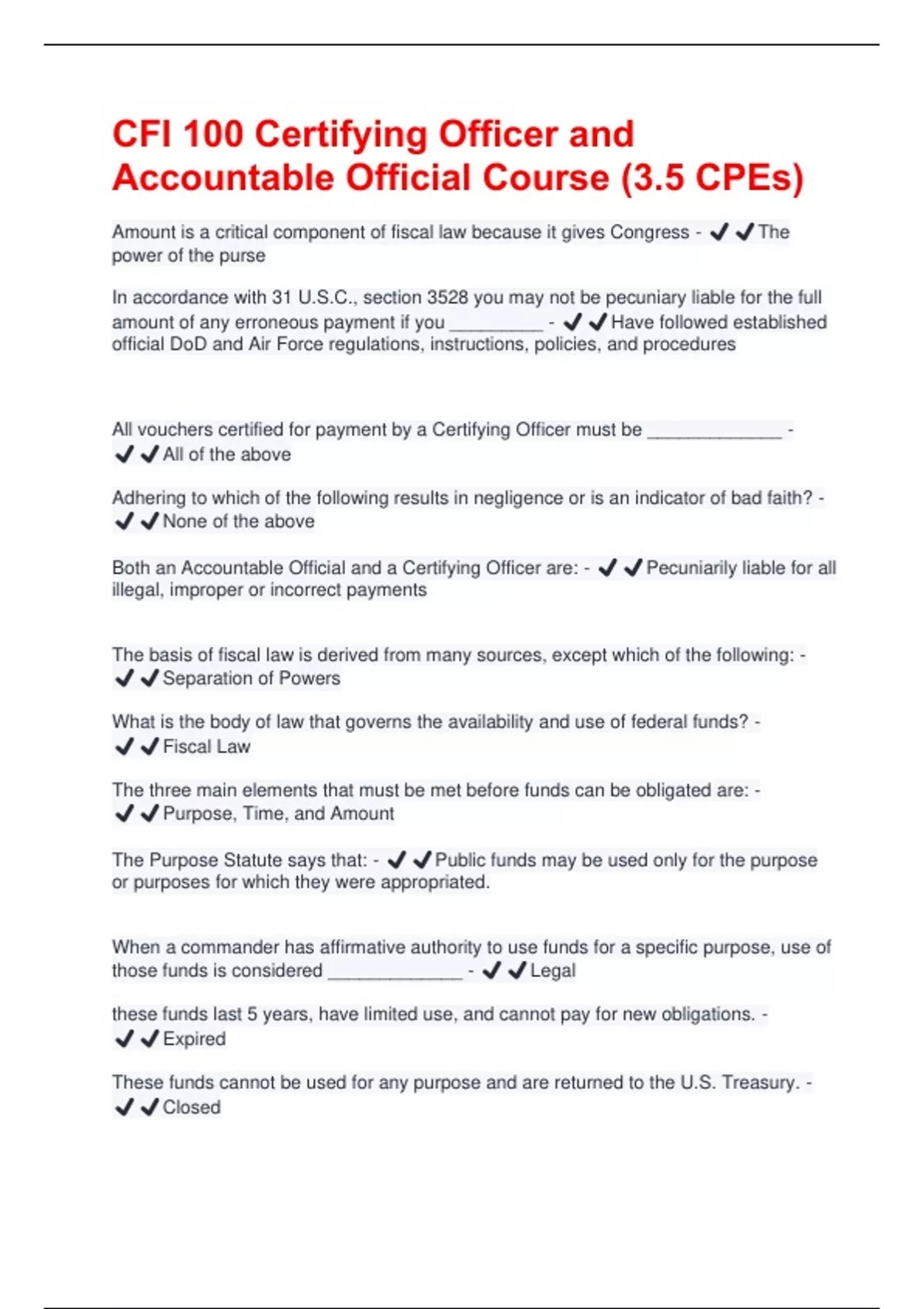 CFI 100 Certifying Officer and Accountable Official Course (3.5 CPEs) Questions And Answers ...