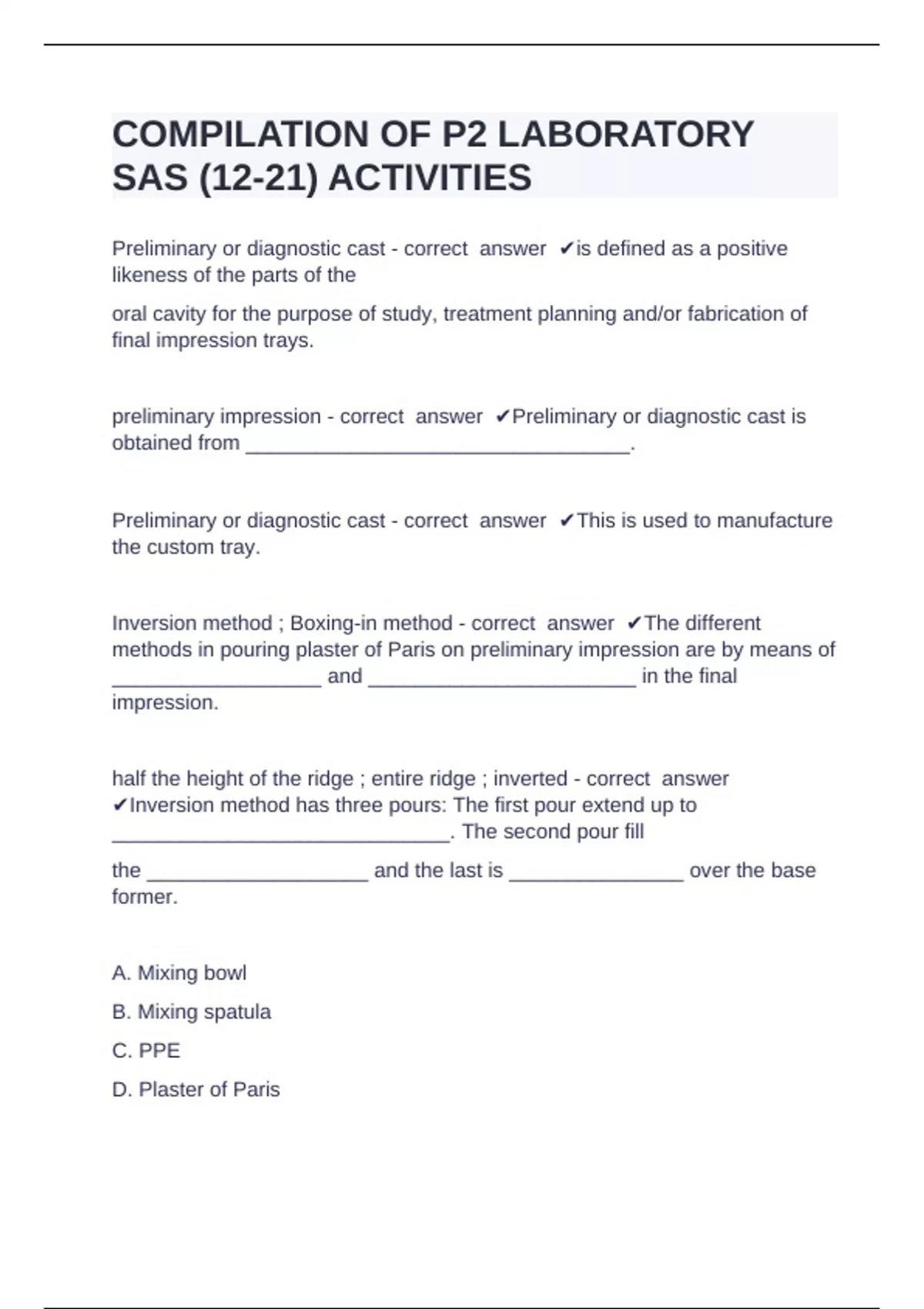 COMPILATION OF P2 LABORATORY SAS Question and answers correctly solved 2024/2025 - GYPSUM AND ...