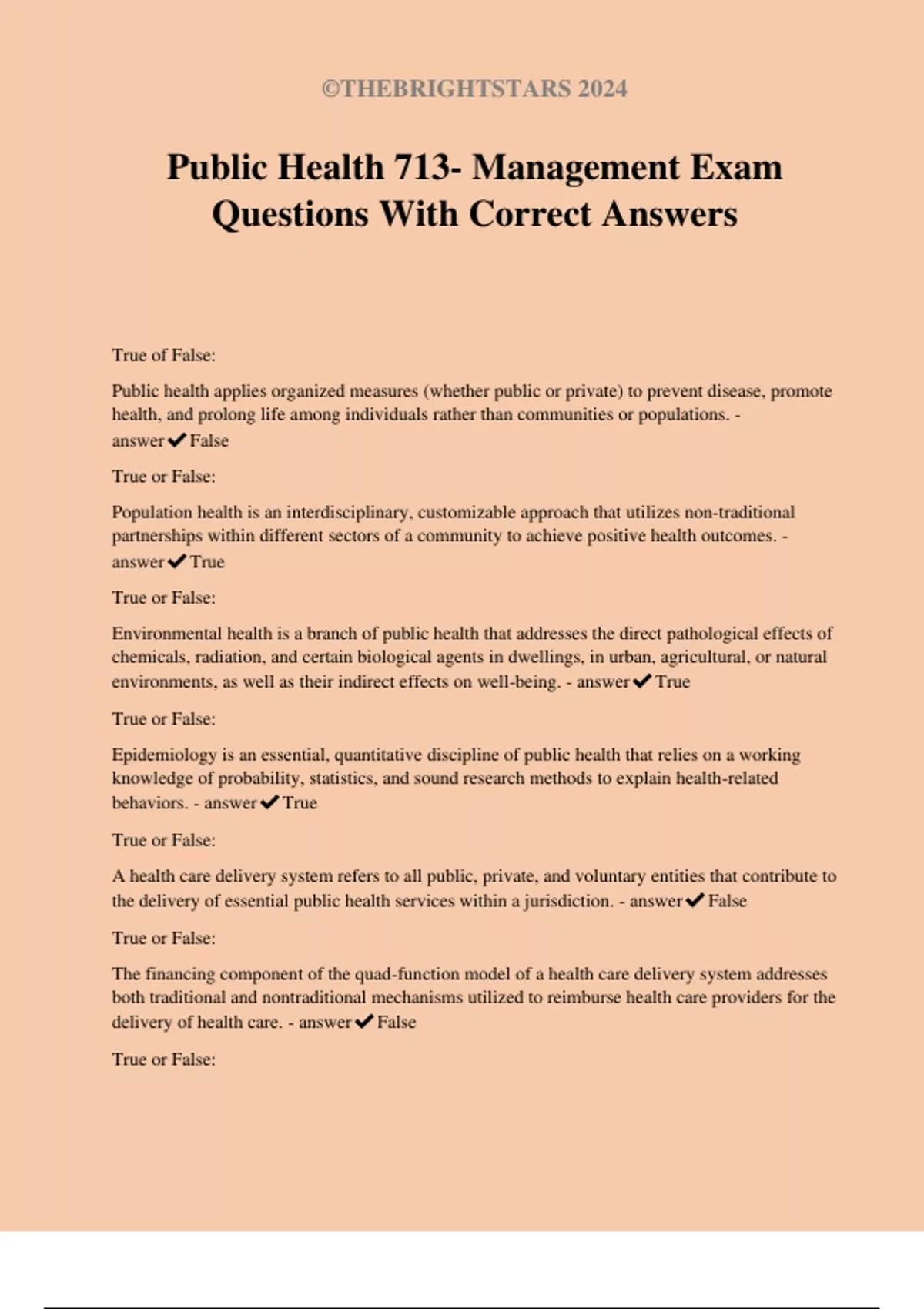 Public Health 713- Management Exam Questions With Correct Answers ...