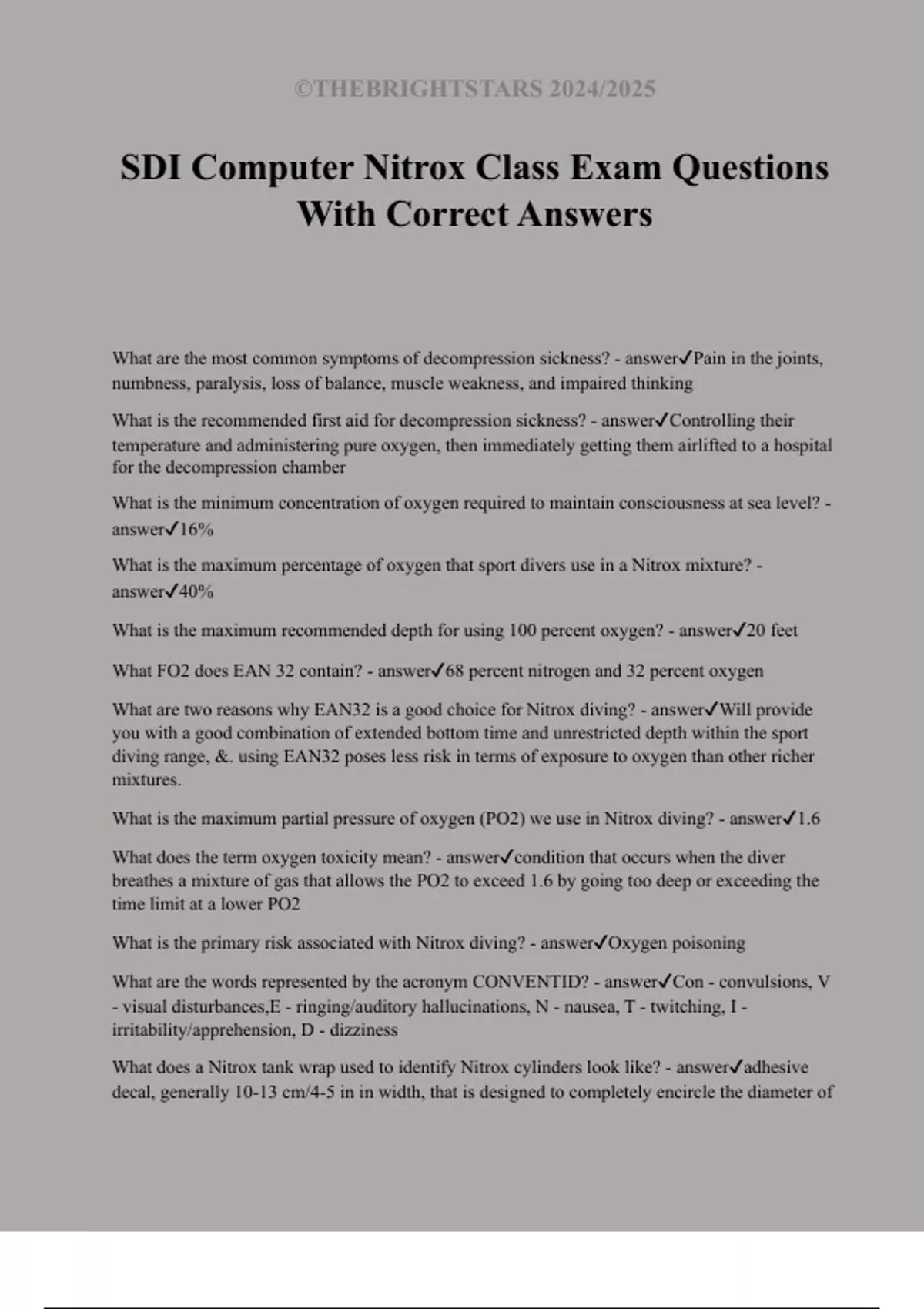 SDI Computer Nitrox Class Exam Questions With Correct Answers - SDI ...