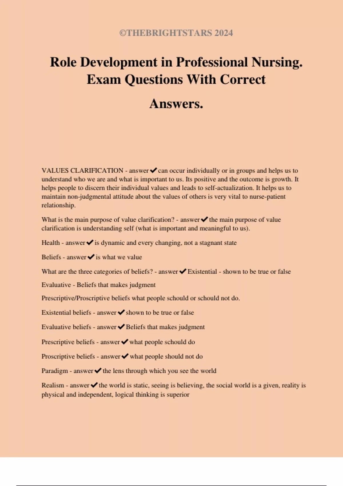 Role Development in Professional Nursing. Exam Questions With Correct ...