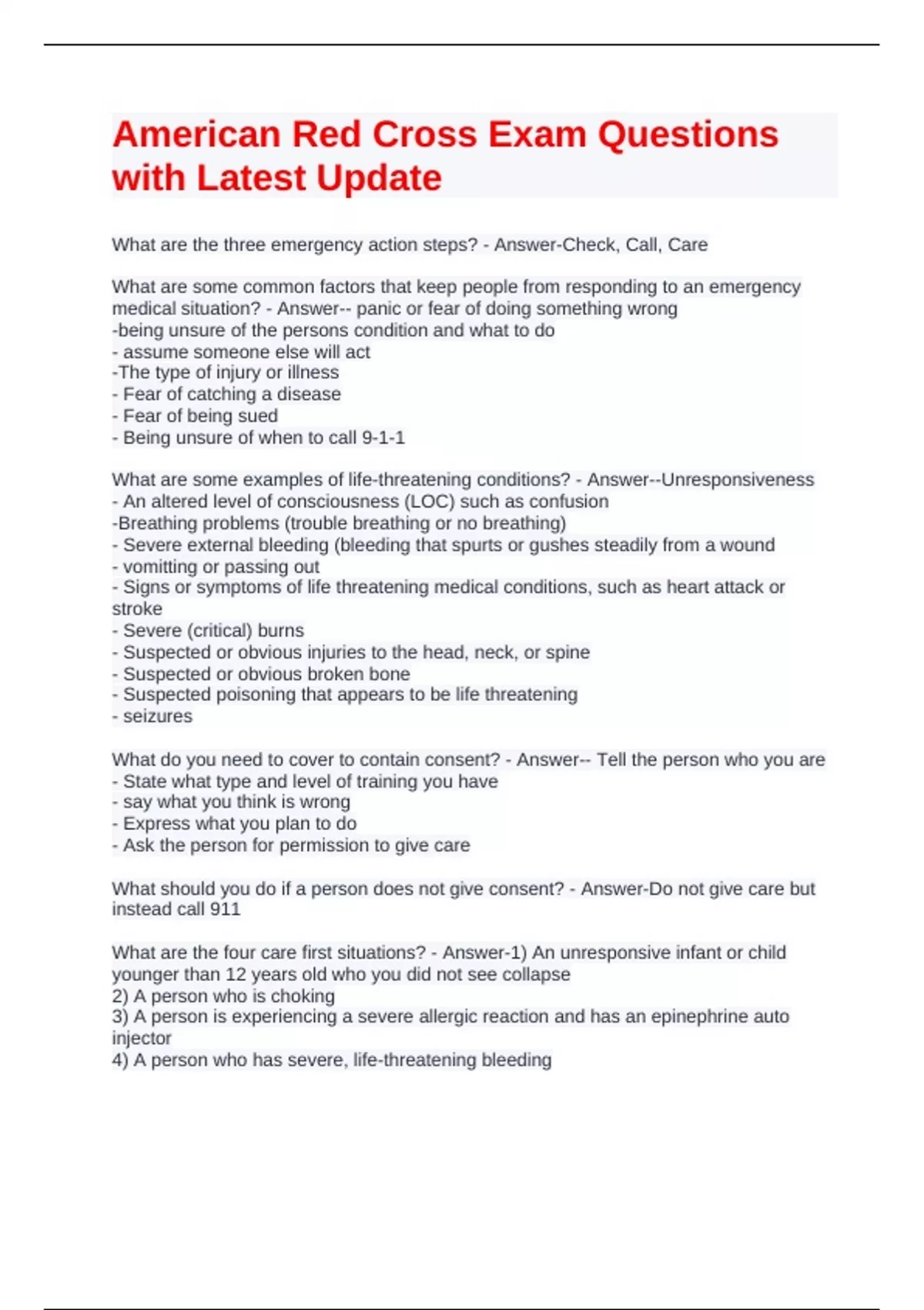 American Red Cross Exam Questions with Latest Update - American red ...