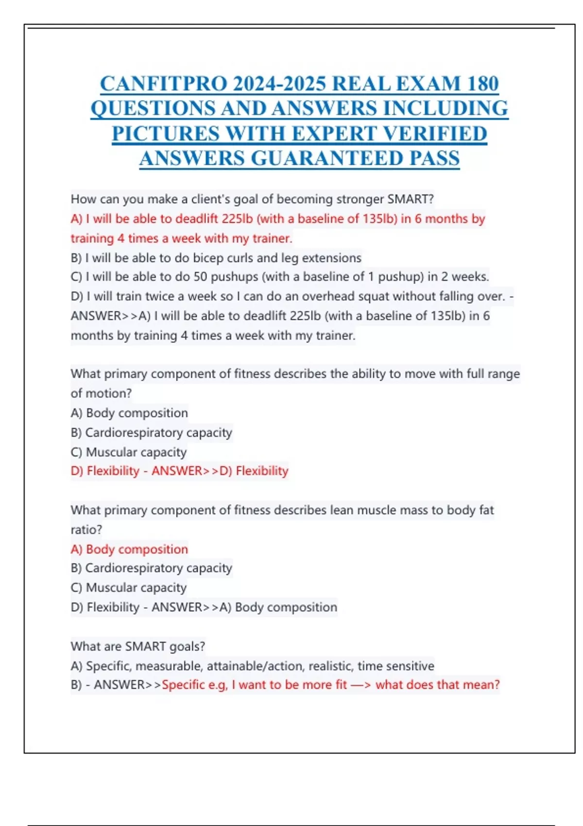 CANFITPRO REAL EXAM 180 QUESTIONS AND ANSWERS INCLUDING PICTURES WITH EXPERT VERIFIED ANSWERS ...