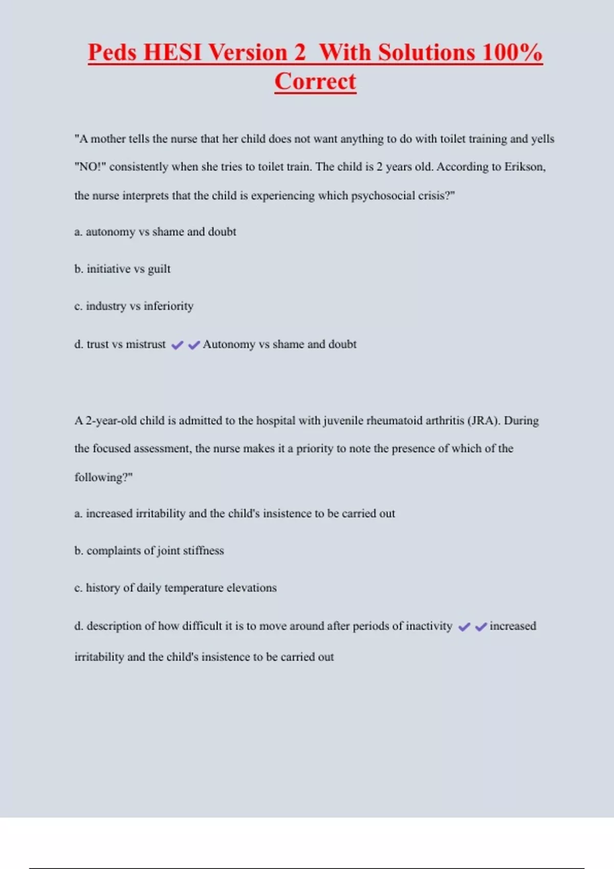 Peds HESI Version 2 With Solutions 100% Correct - HESI PEDIATRIC ...