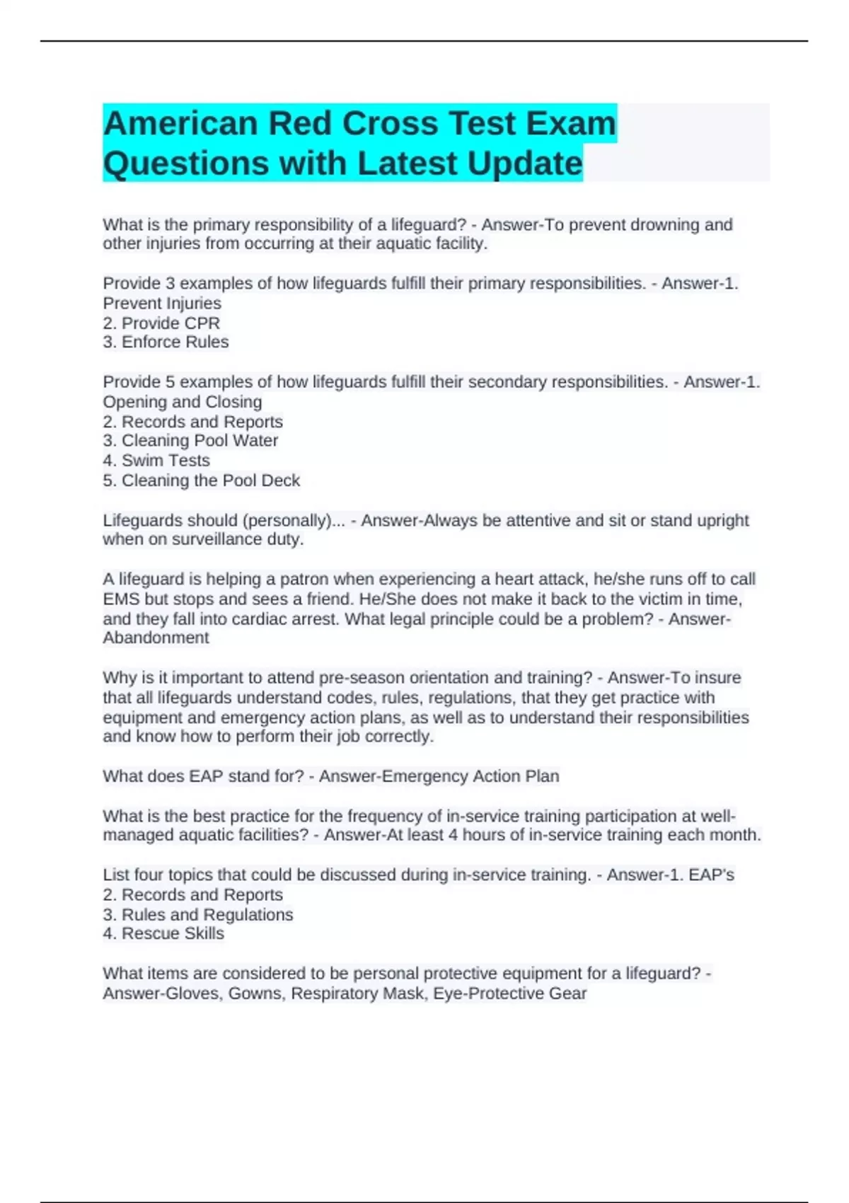 American Red Cross Test Exam Questions with Latest Update - American ...