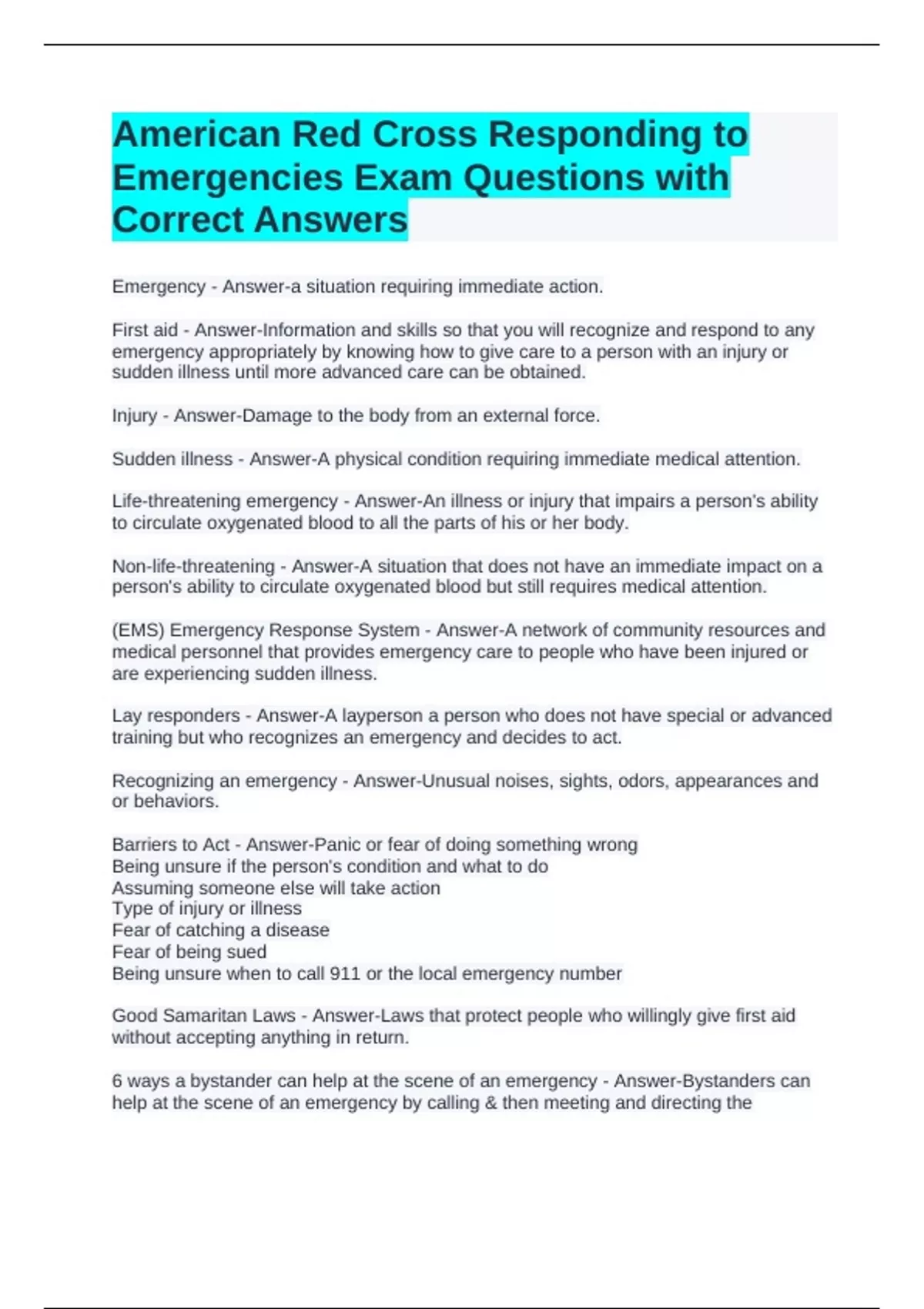American Red Cross Responding to Emergencies Exam Questions with ...