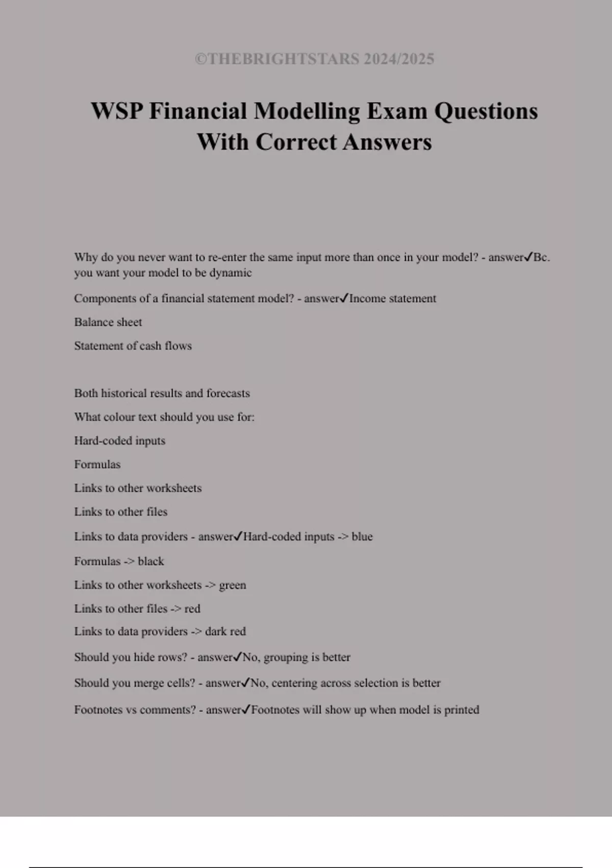 WSP Financial Modelling Exam Questions With Correct Answers - WSP - Stuvia US