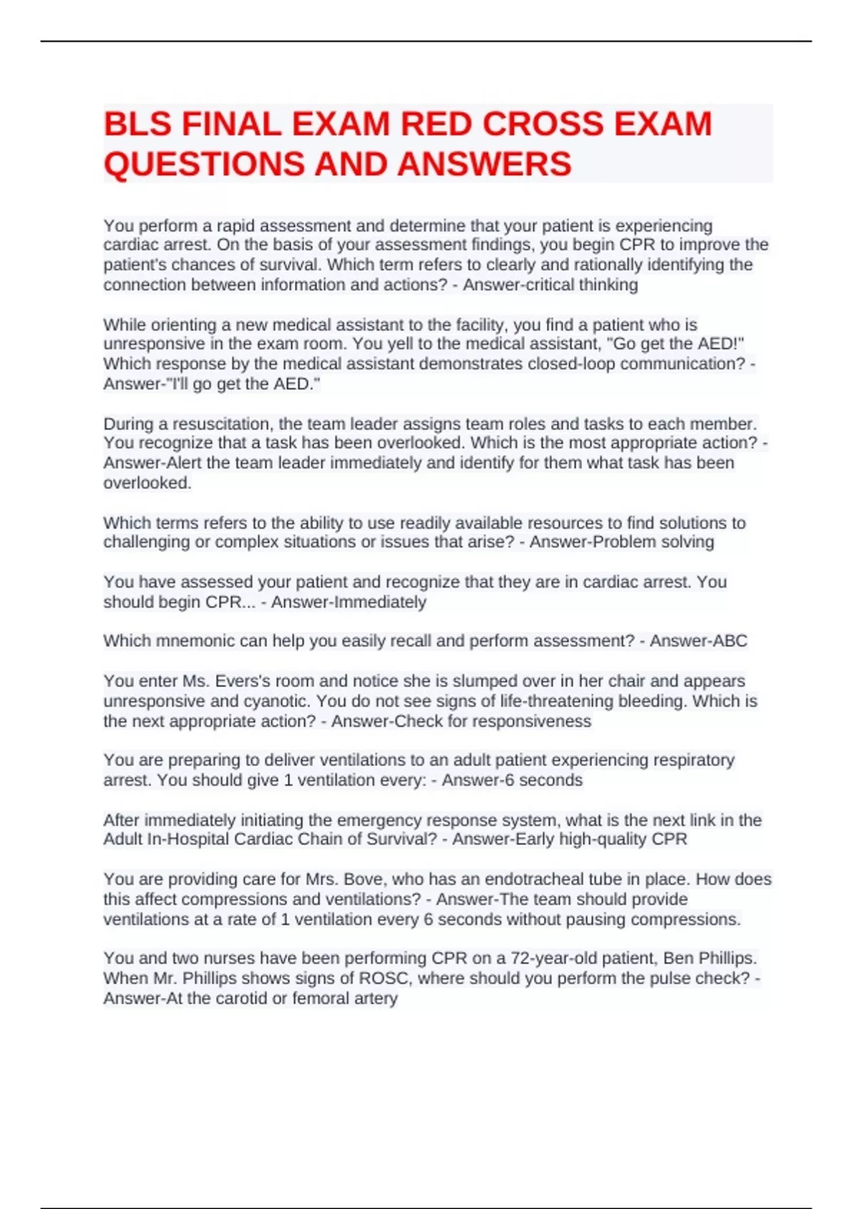 BLS FINAL EXAM RED CROSS EXAM QUESTIONS AND ANSWERS - American red ...