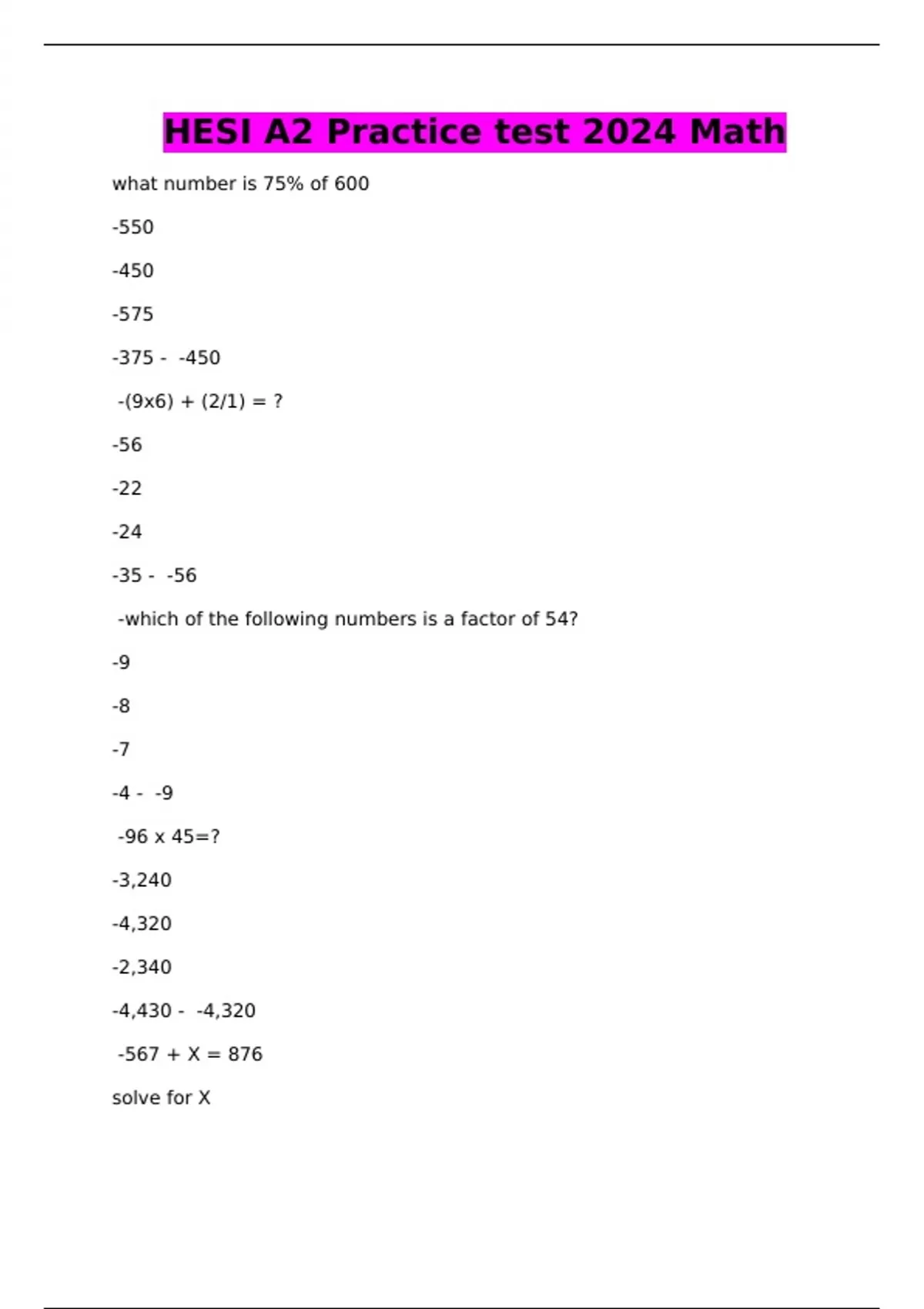 HESI A2 Practice test 2024 Math - HESI A2 Practice test 2024 Math ...