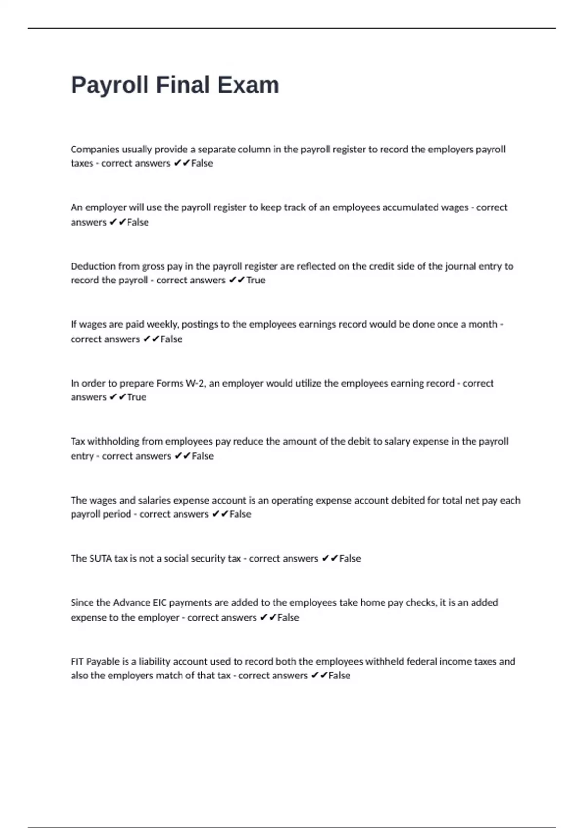 Payroll Final Exam 2024/2025 with 100% correct answers - Payroll F - Stuvia US