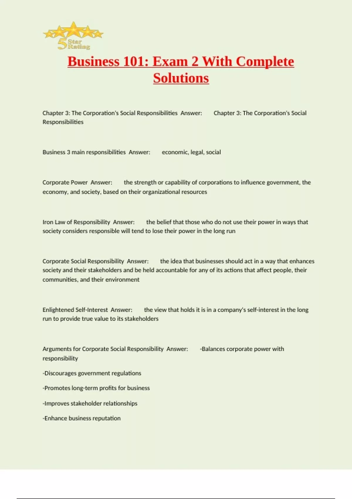 Business 101: Exam 2 With Complete Solutions - Business 101 - Stuvia US