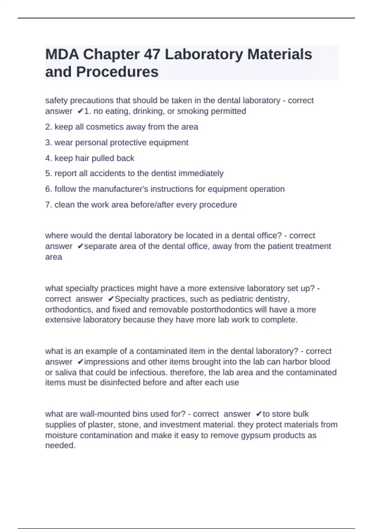 MDA Chapter 47 Laboratory Materials and Procedures Question and answers ...