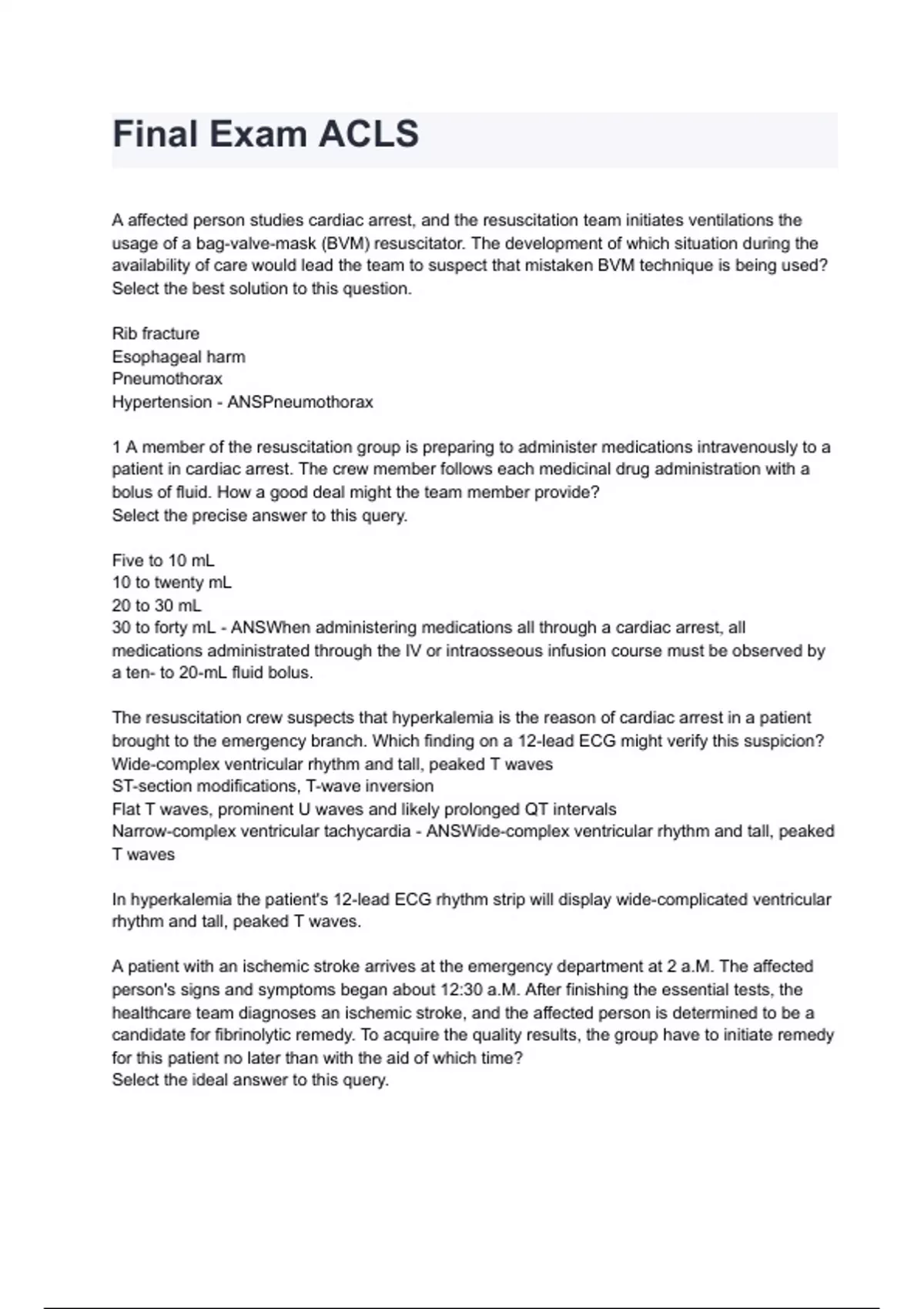 Final Exam ACLS questions and answers latest 2024/2025 - Acls - Stuvia US
