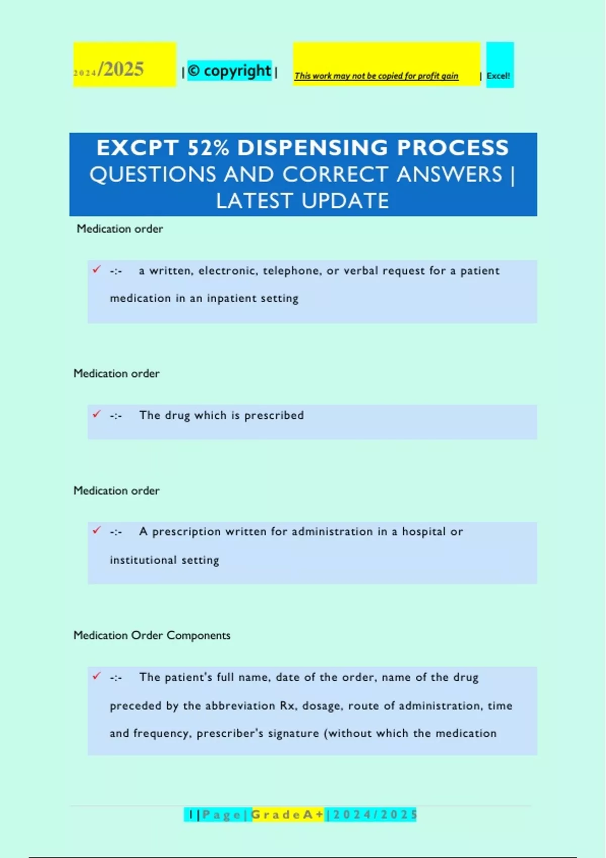 EXCPT 52% DISPENSING PROCESS QUESTIONS AND CORRECT ANSWERS | LATEST ...