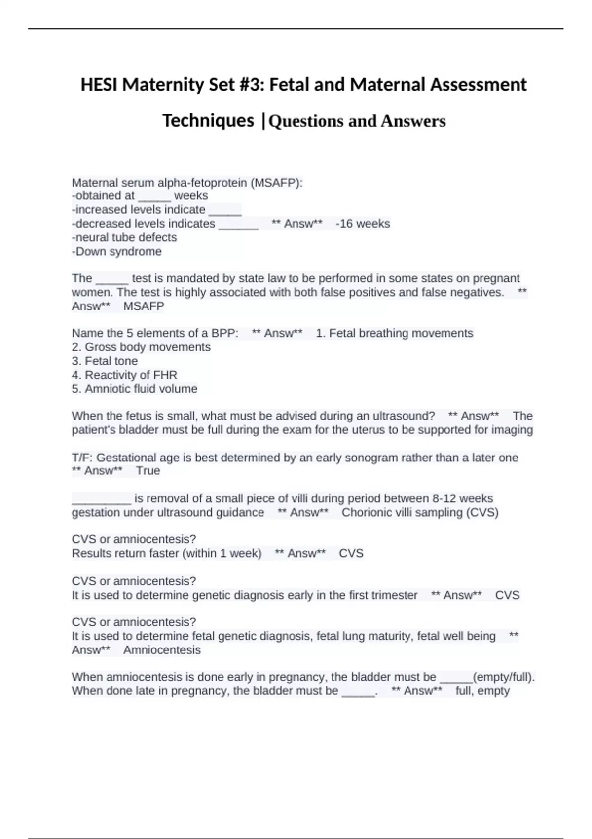 HESI Maternity Set #3: Fetal and Maternal Assessment Techniques ...