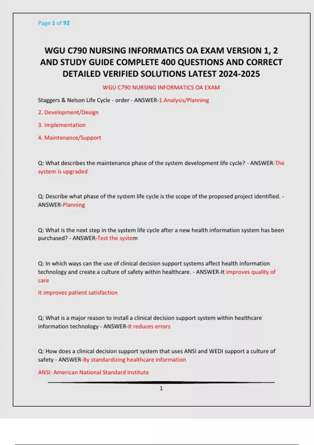 WGU C790 NURSING INFORMATICS OA EXAM -USE THIS PACKAGE TO get more ...