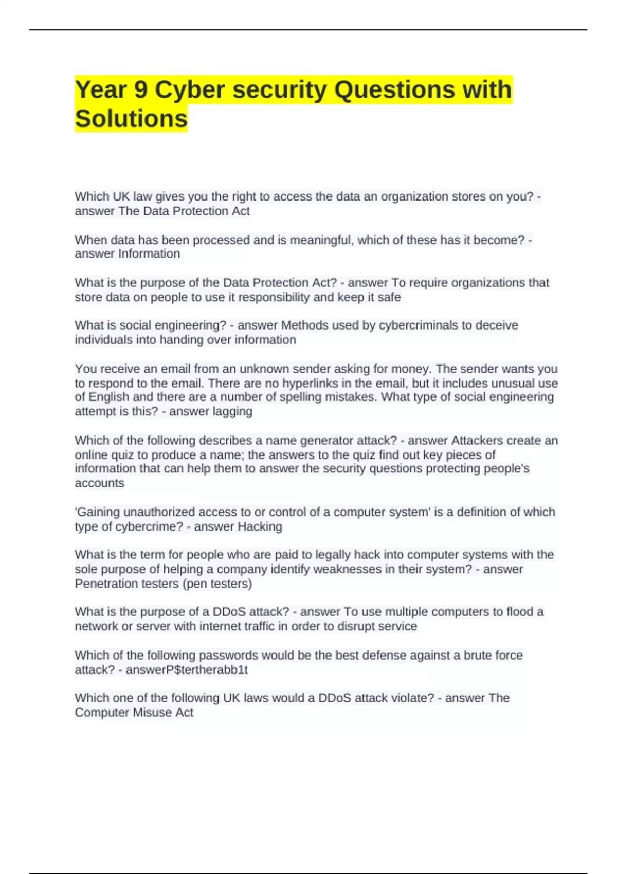 Year 9 Cyber Security Questions With Solutions Questions And Answers 2024 Cyber Security