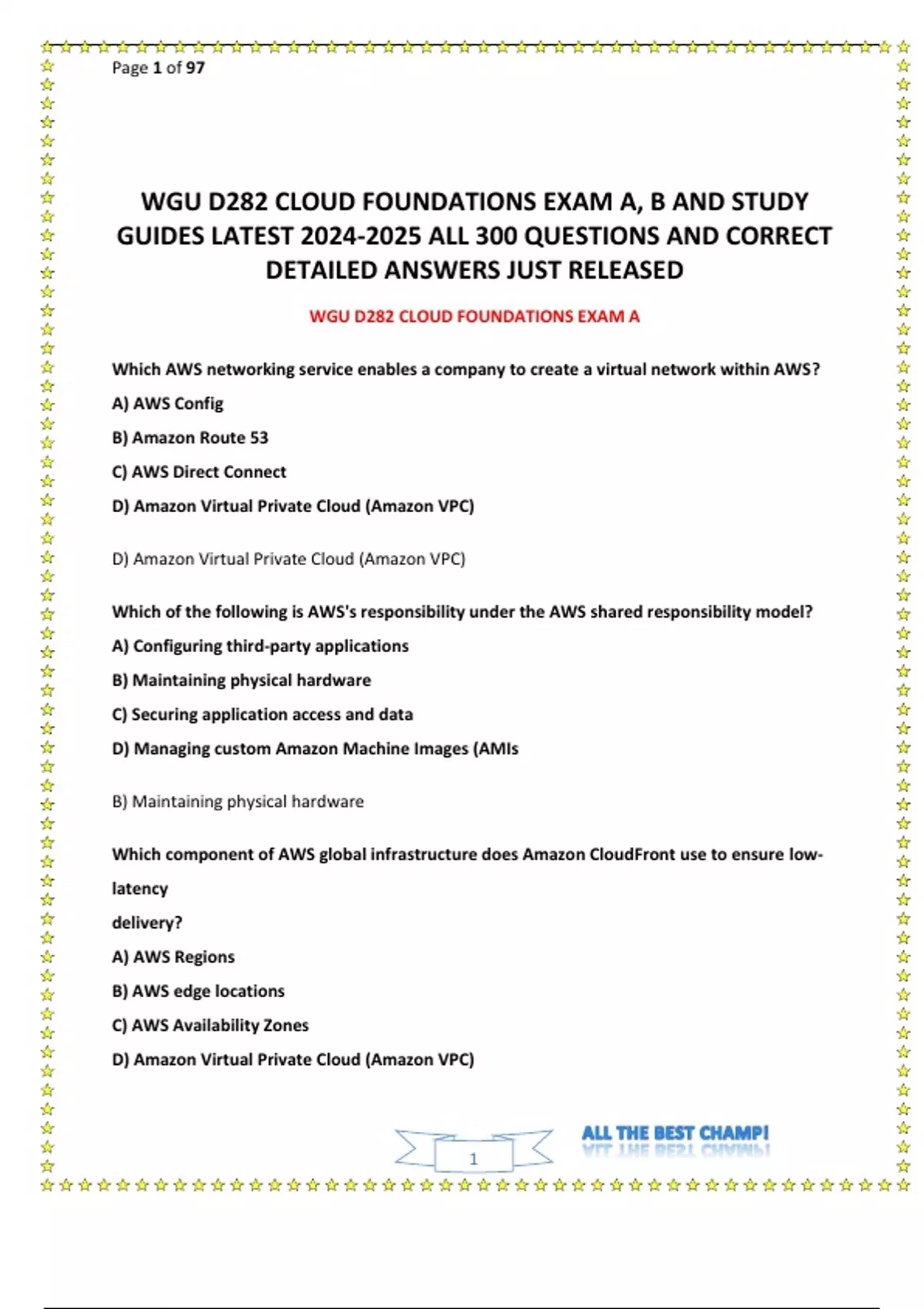 WGU D282 CLOUD FOUNDATIONS EXAM A, B AND STUDY GUIDES LATEST ALL 300 ...