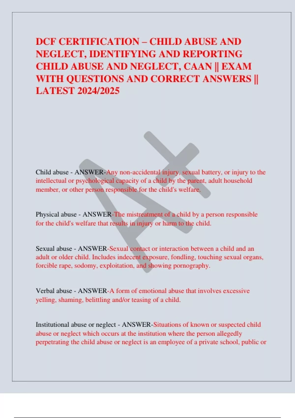 DCF CERTIFICATION – CHILD ABUSE AND NEGLECT, IDENTIFYING AND REPORTING CHILD ABUSE AND NEGLECT ...