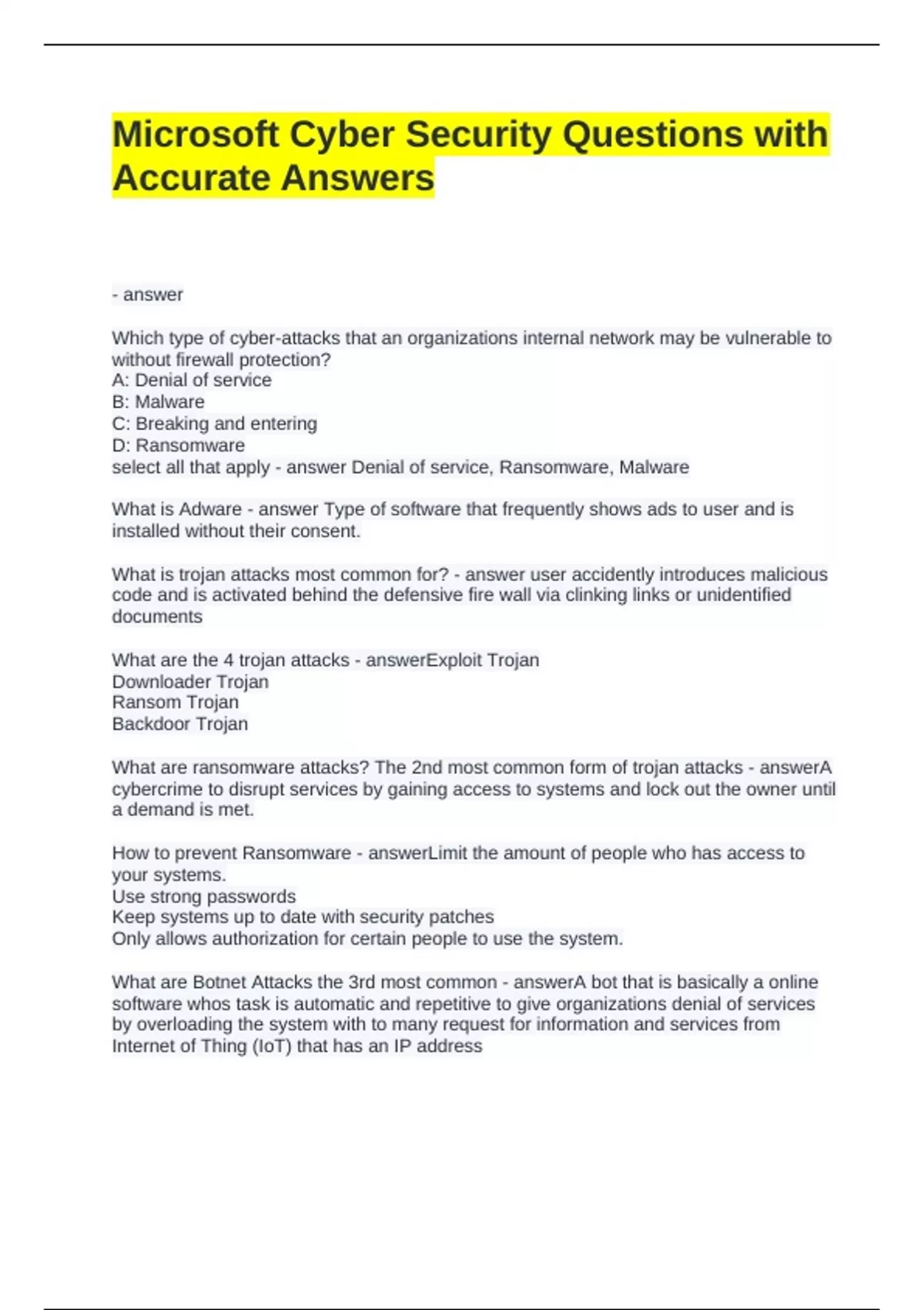 Microsoft Cyber Security Questions with Accurate Answers - Cyber ...