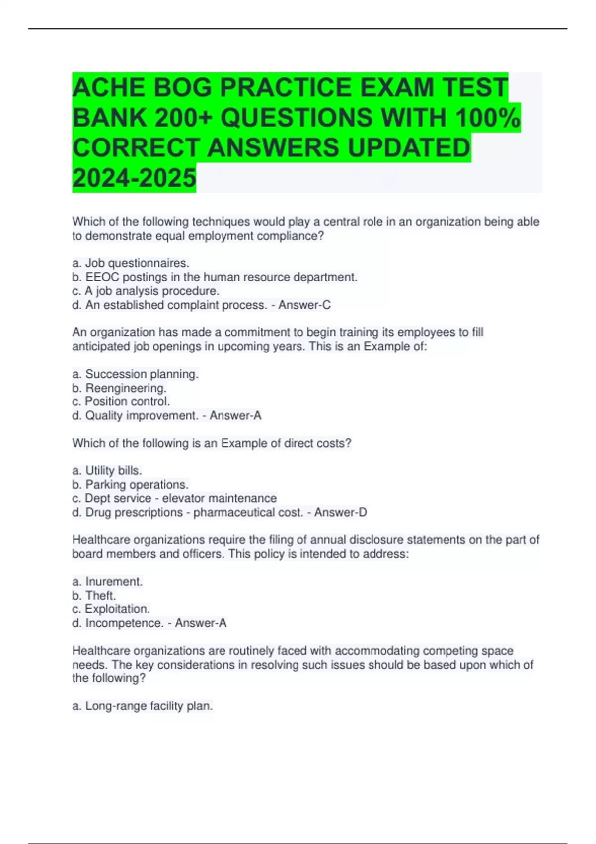 ACHE BOG PRACTICE EXAM TEST BANK 200+ QUESTIONS WITH 100% CORRECT ...