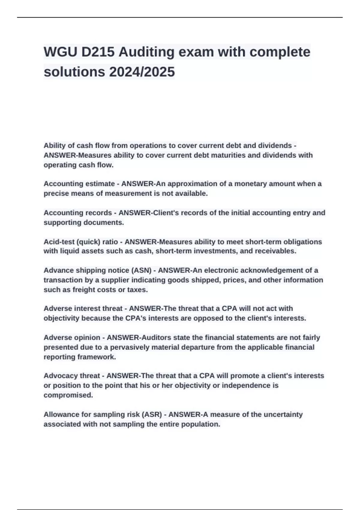 WGU D215 Auditing exam with complete solutions 2024_2025. - WGU D315 ...