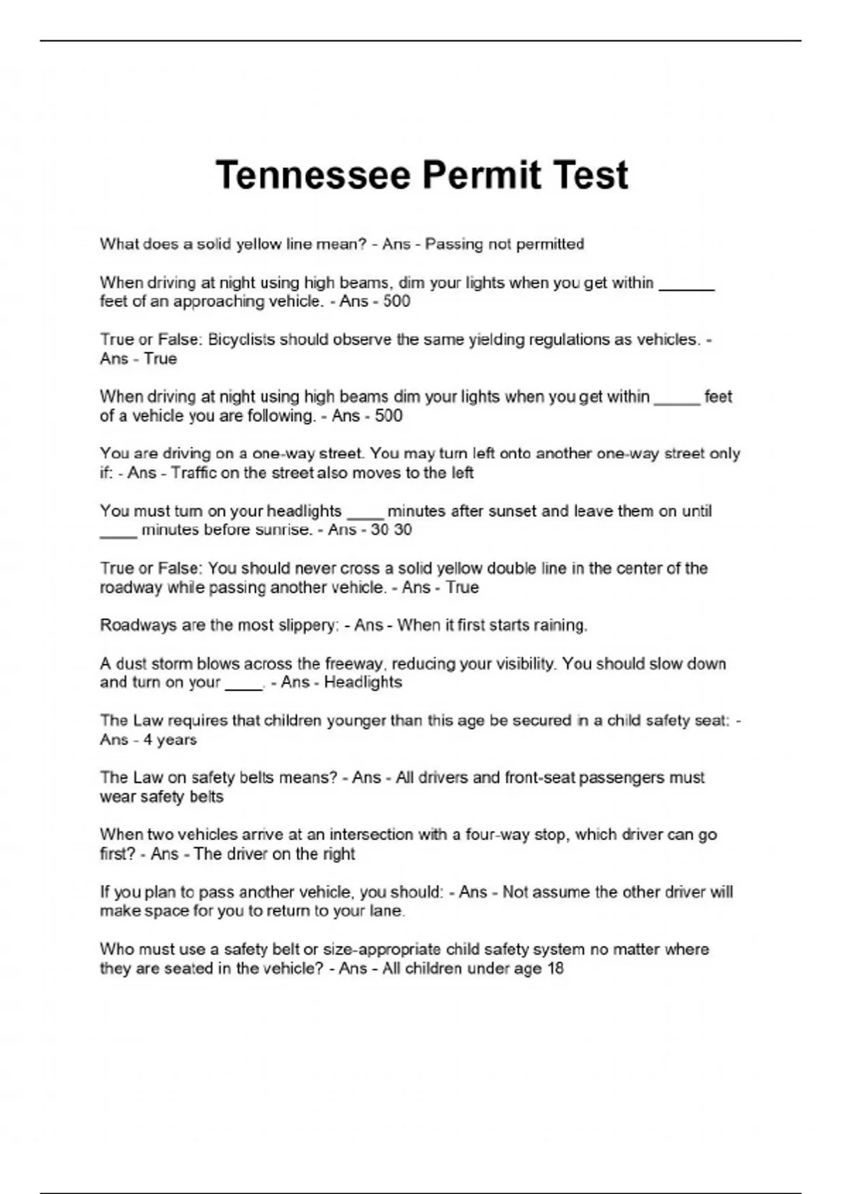 Tennessee Permit Test Expected Questions and Answers - Tennessee Permit ...