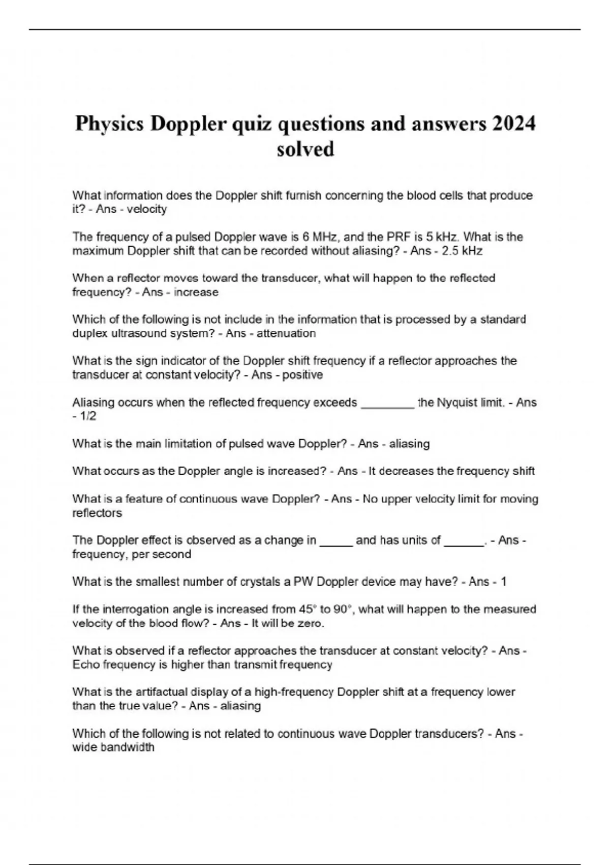 Physics Doppler quiz Exam Expected Questions and Answers (Verified by ...