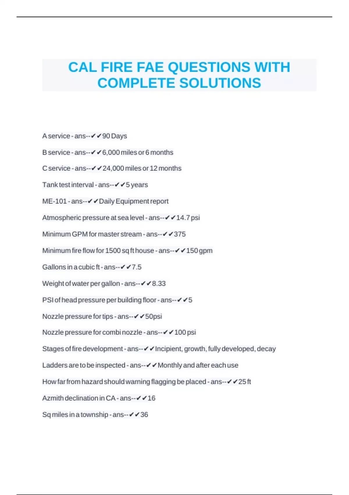 CAL FIRE FAE QUESTIONS WITH COMPLETE SOLUTIONS - Fire Apparatus ...