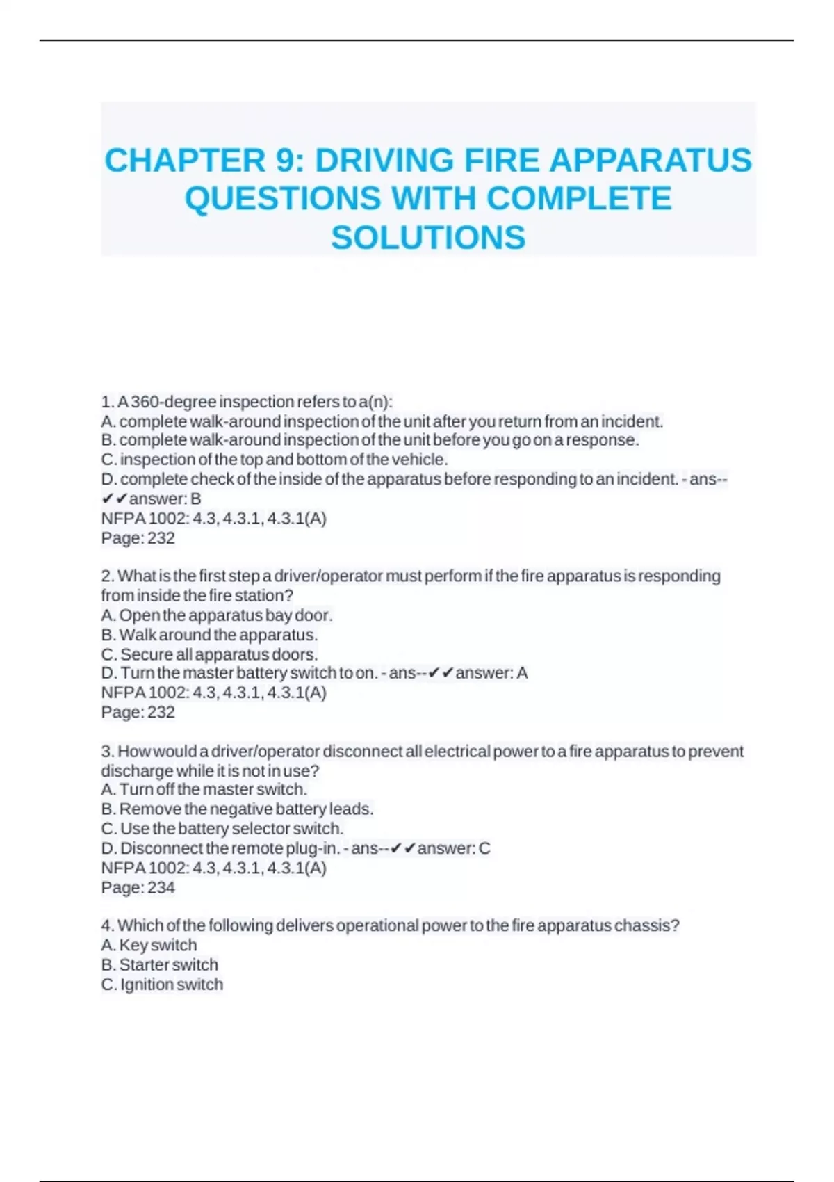 CHAPTER 9: DRIVING FIRE APPARATUS QUESTIONS WITH COMPLETE SOLUTIONS ...