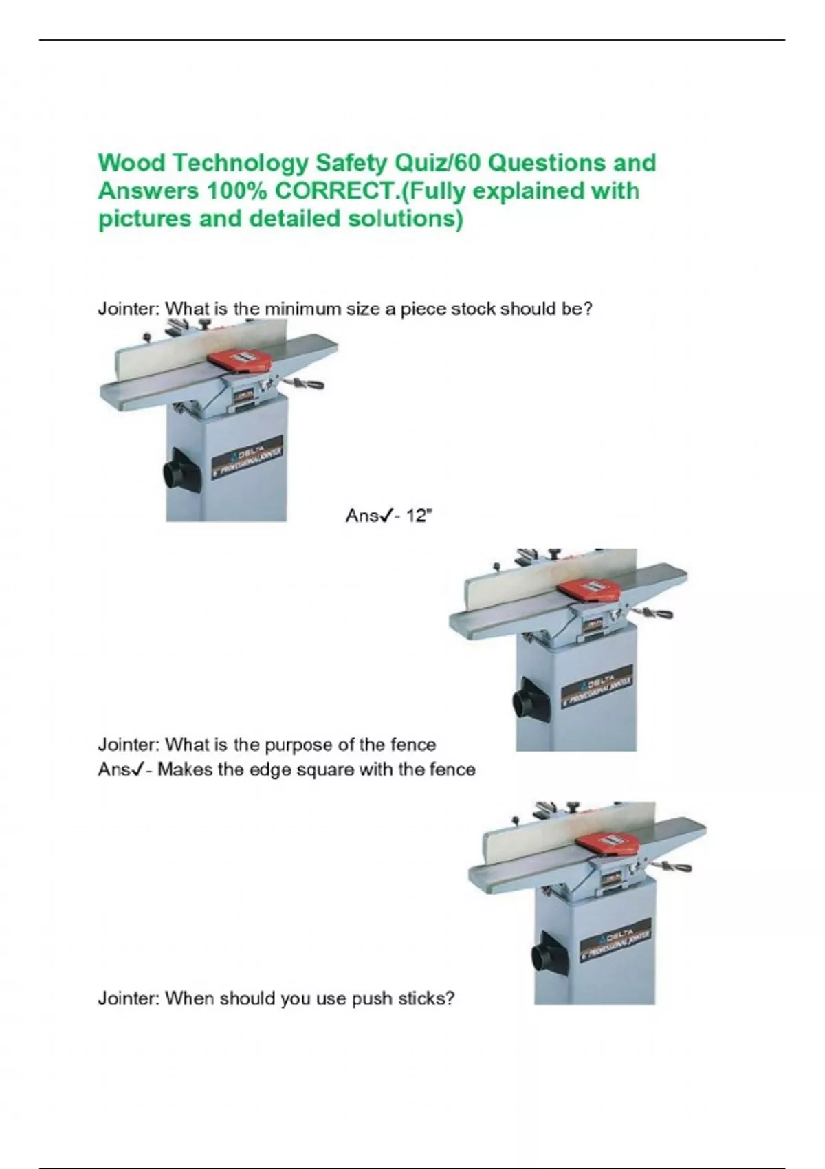 Wood Technology Safety Quiz/60 Questions and Answers 100% CORRECT ...