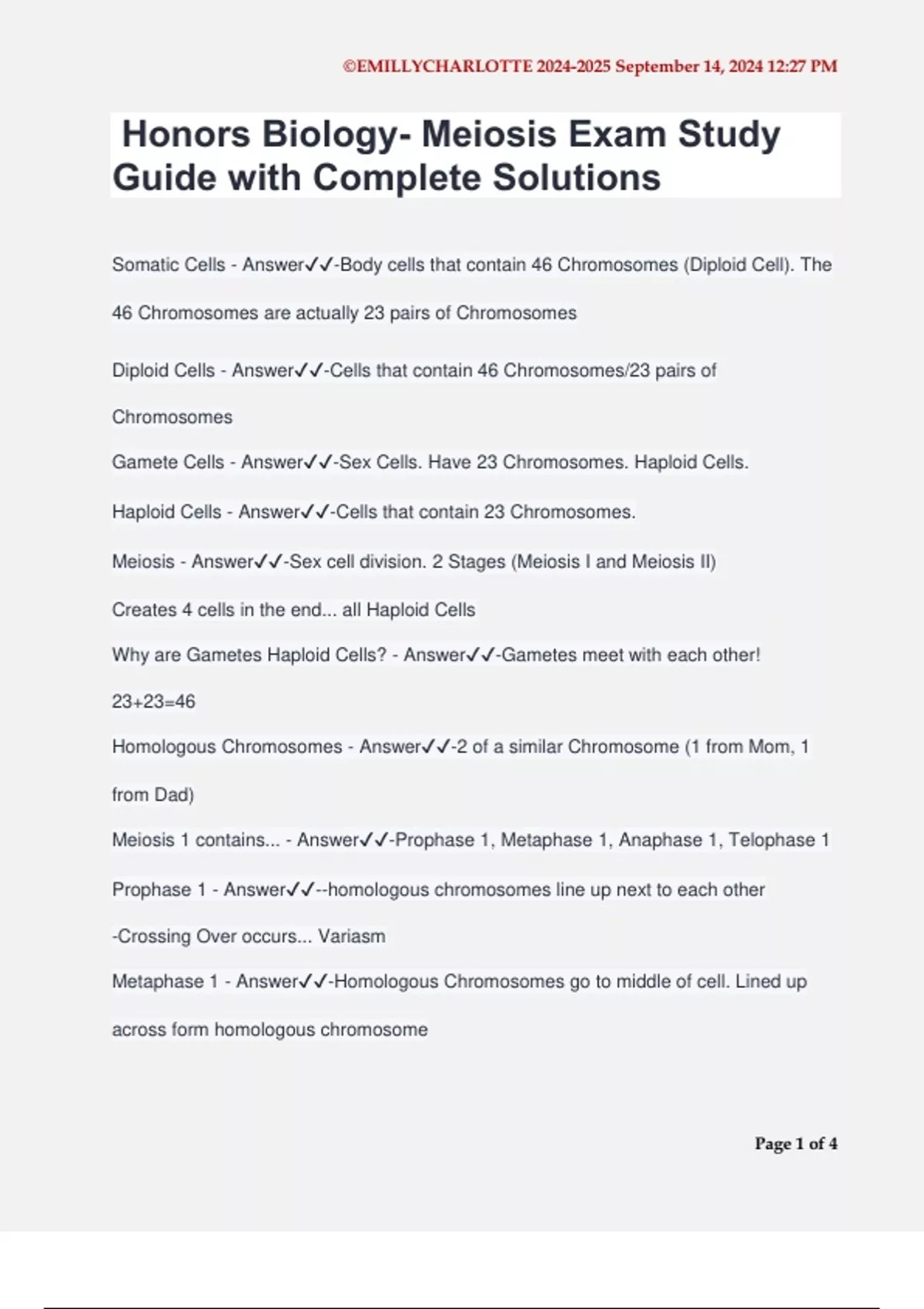 Honors Biology- Meiosis Exam Study Guide with Complete Solutions ...